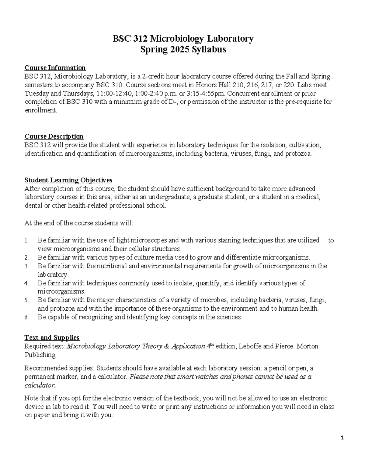 BSC 312 Microbiology Lab Spring 2025 Syllabus Overview - Studocu
