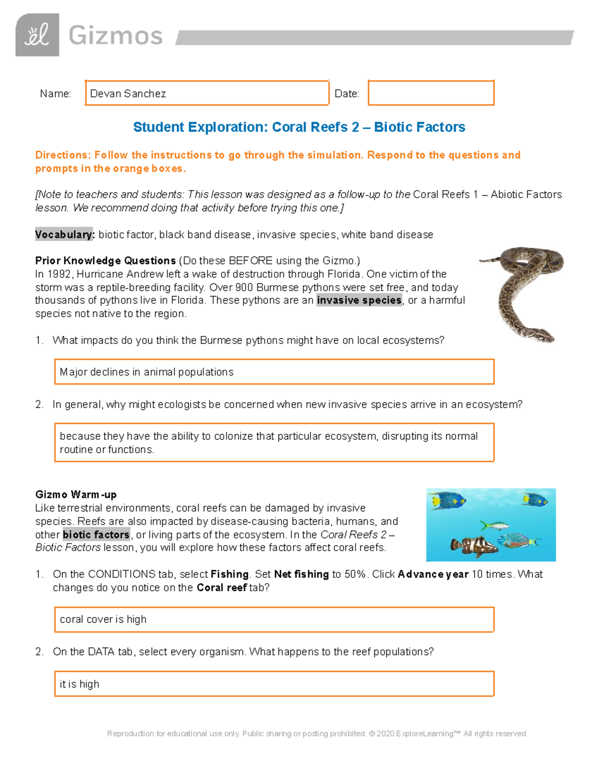 Coral Reefs 2SE - Biotic Factors Student Exploration Guide - Studocu