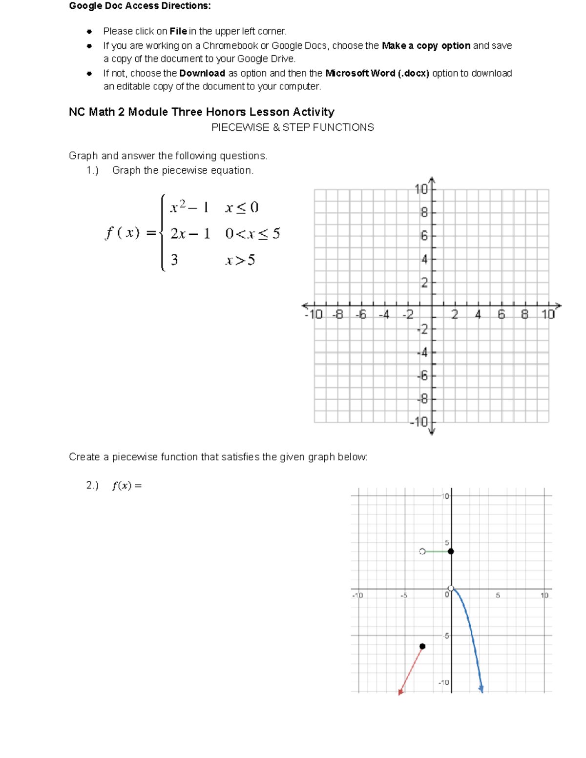 NC Math 2 Module 3 Honors Lesson Activity: Piecewise Functions - Studocu