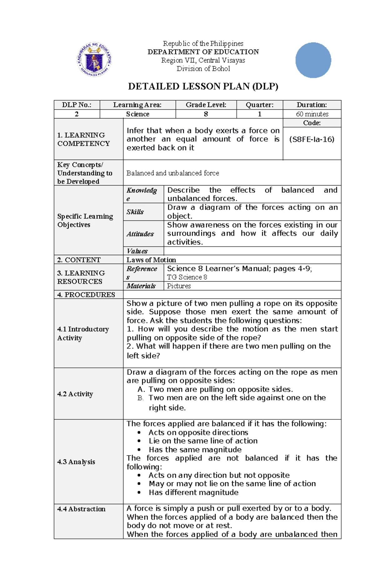 DLP-Bohol: Detailed Lesson Plan on Newton's Second Law for Science 8 ...