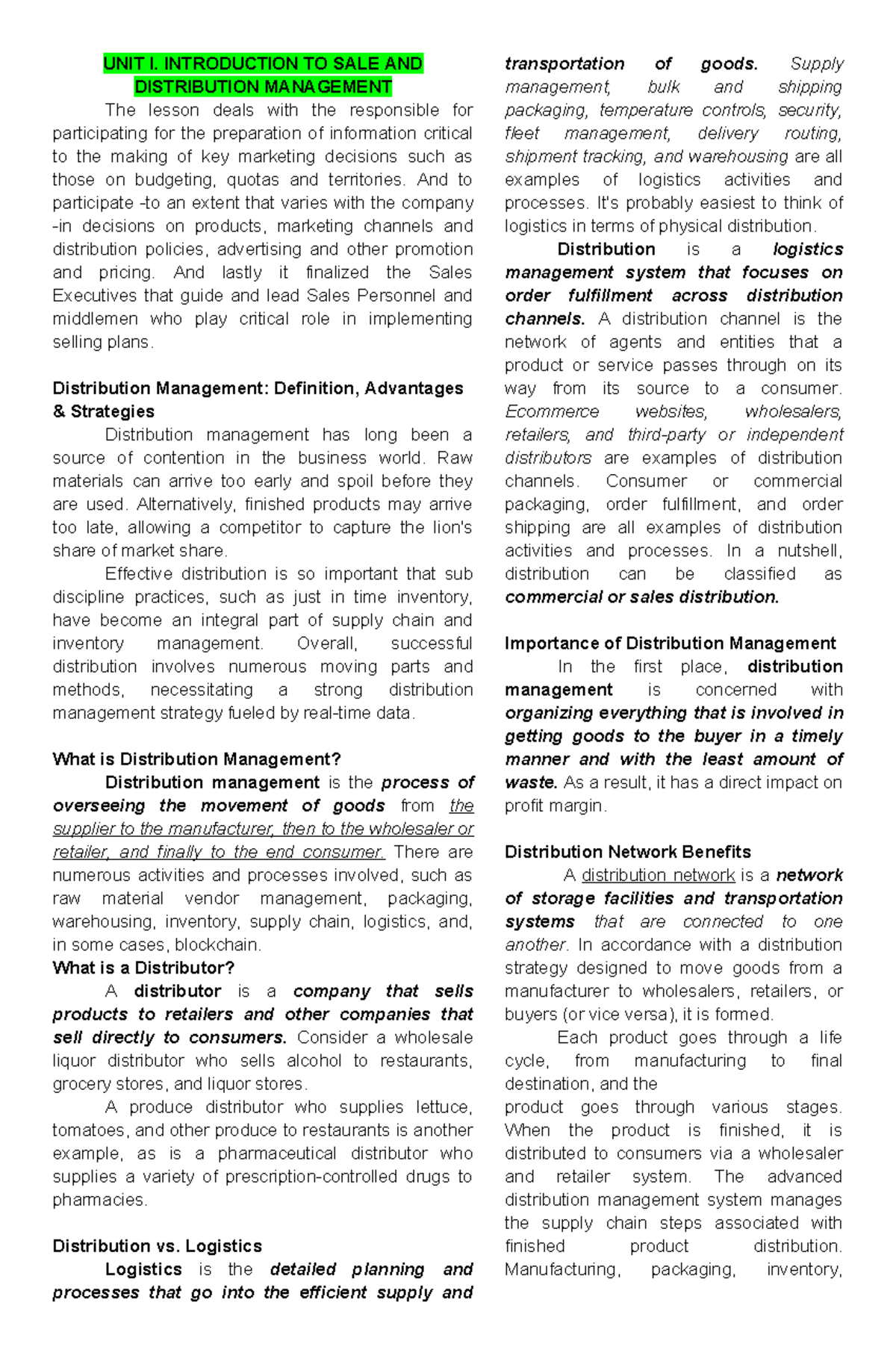 PROF 1: Midterm Reviewer on Sales and Distribution Management - Studocu