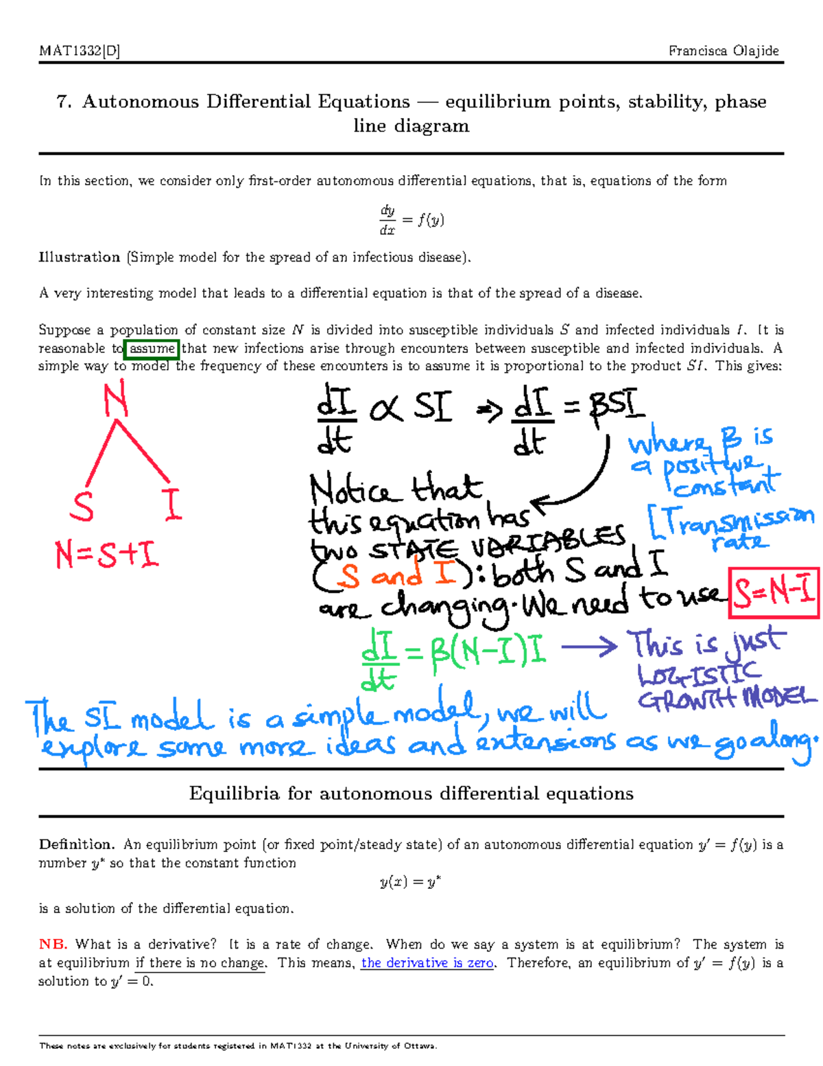 MAT1332 Lecture 7: Autonomous Differential Equations & Stability - Studocu