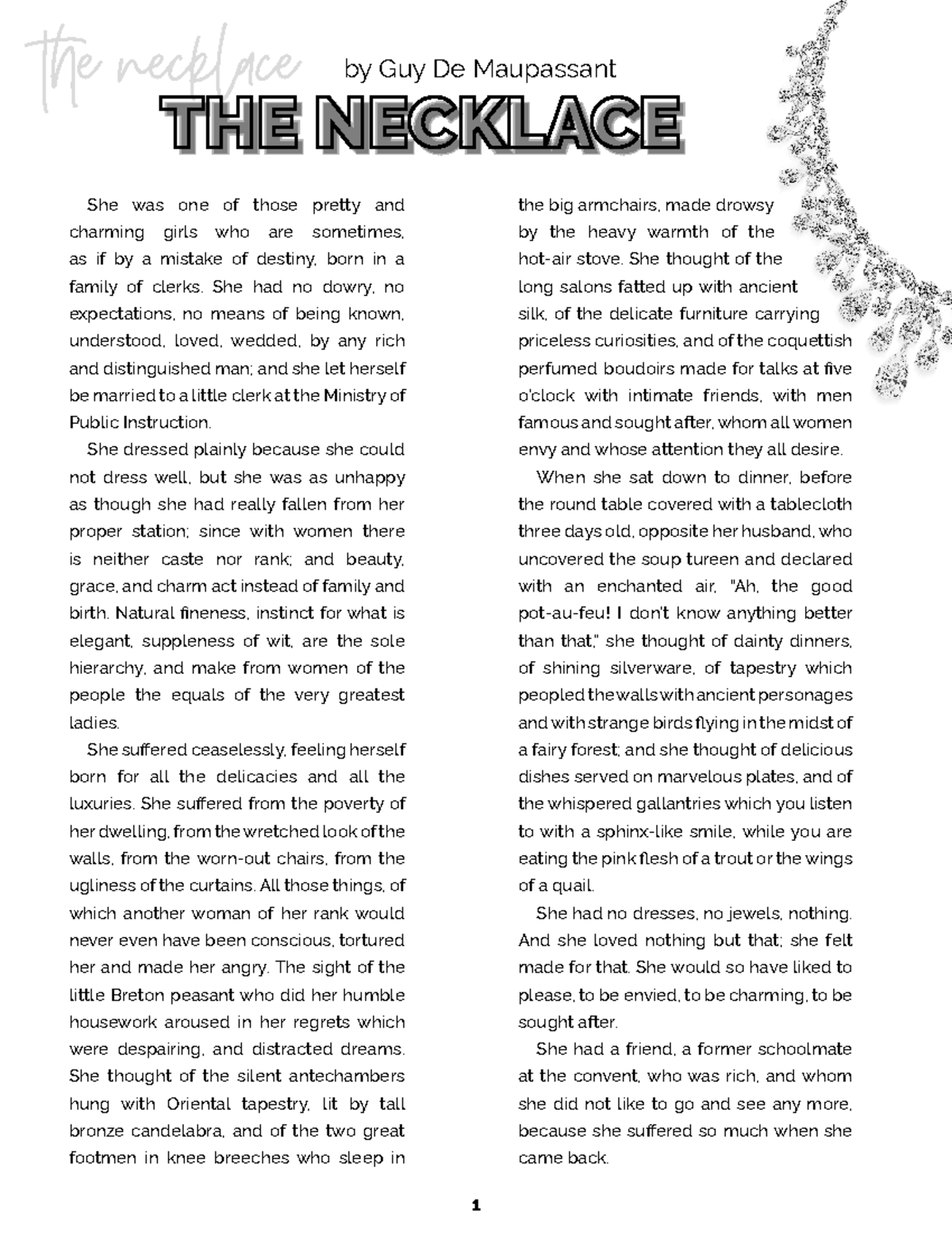 The Necklace - Analysis and Themes of Maupassant's Short Story - Studocu