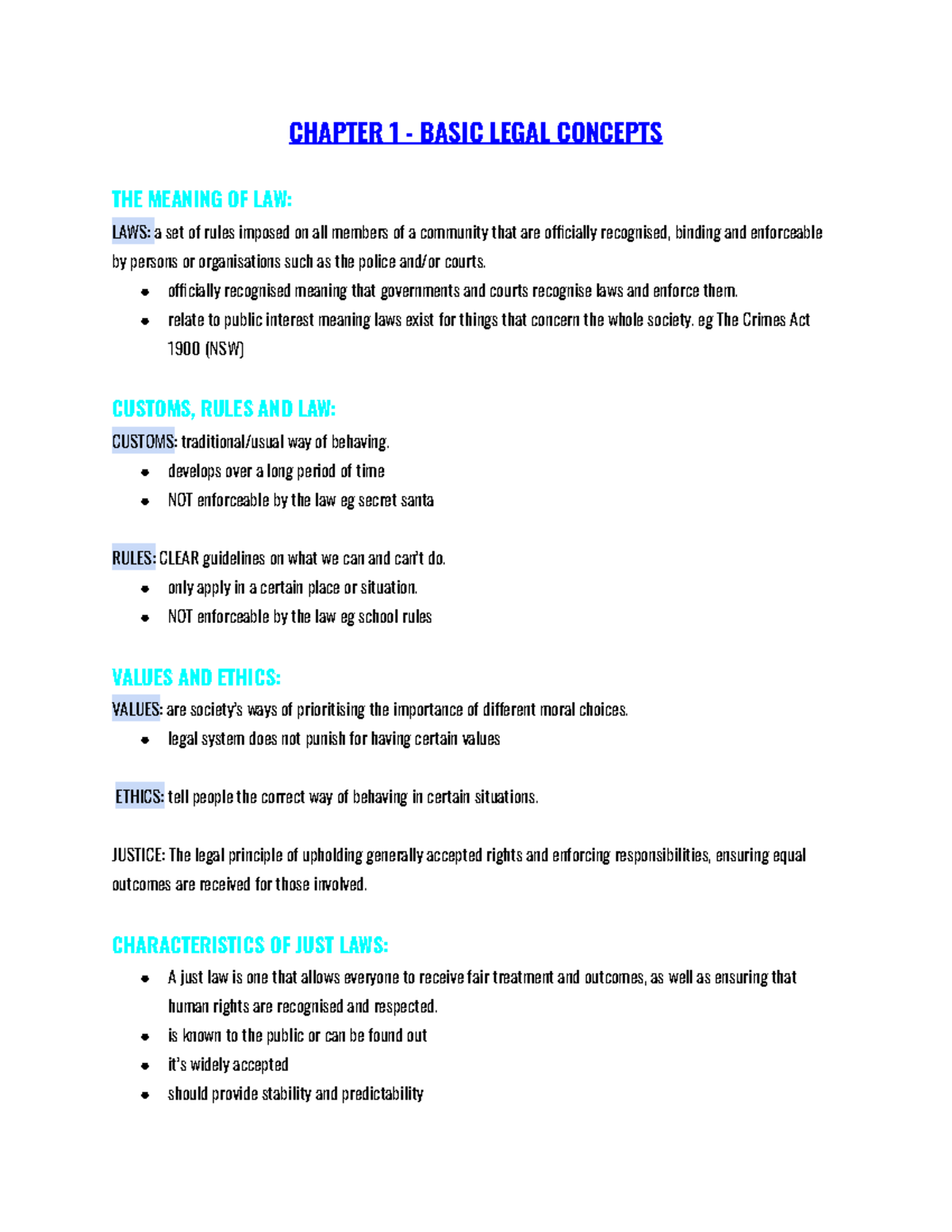 Legal Notes 1-3: Chapter 1 - Basic Legal Concepts and Law - Studocu