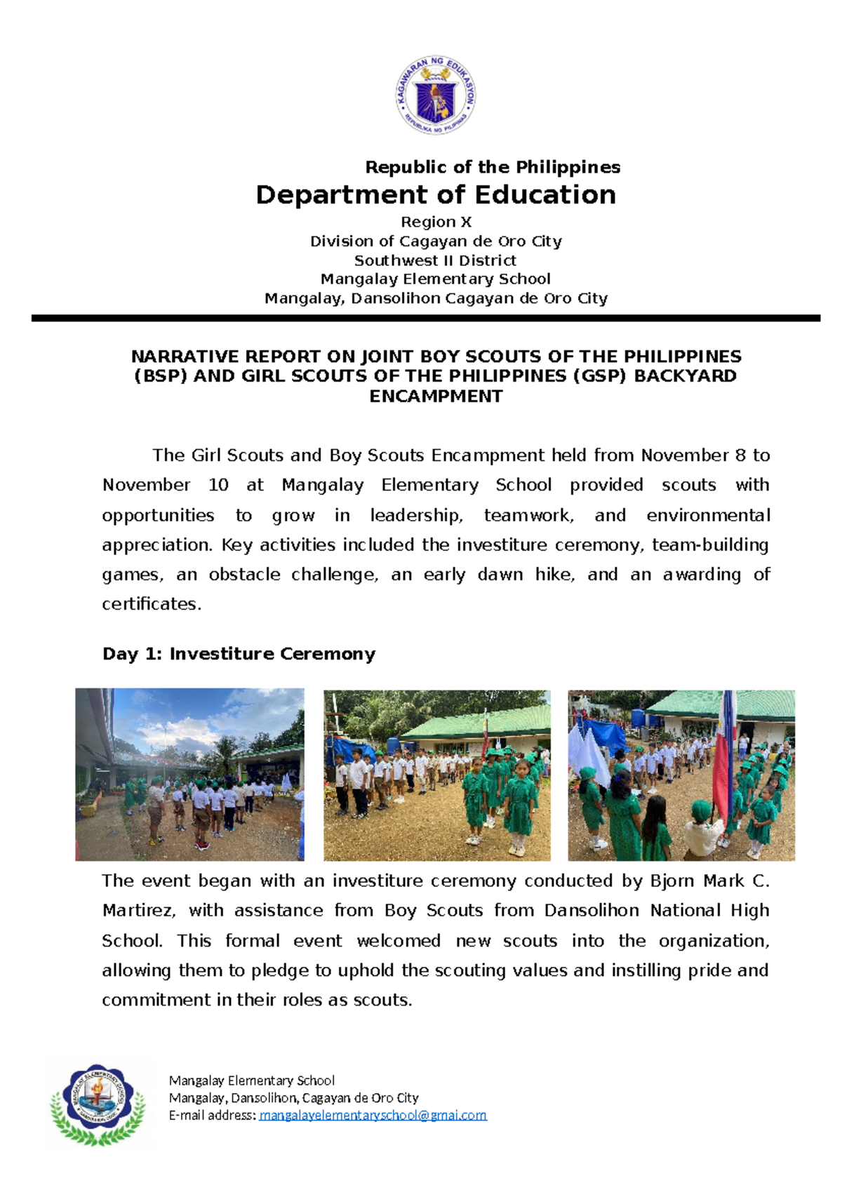Narrative Report on Joint BSP and GSP Backyard Encampment - Studocu