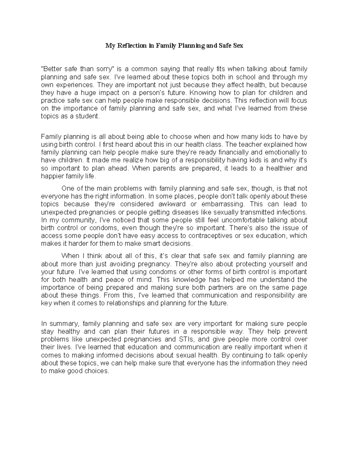 Reflection on Family Planning & Safe Sex: Key Lessons Learned - Studocu