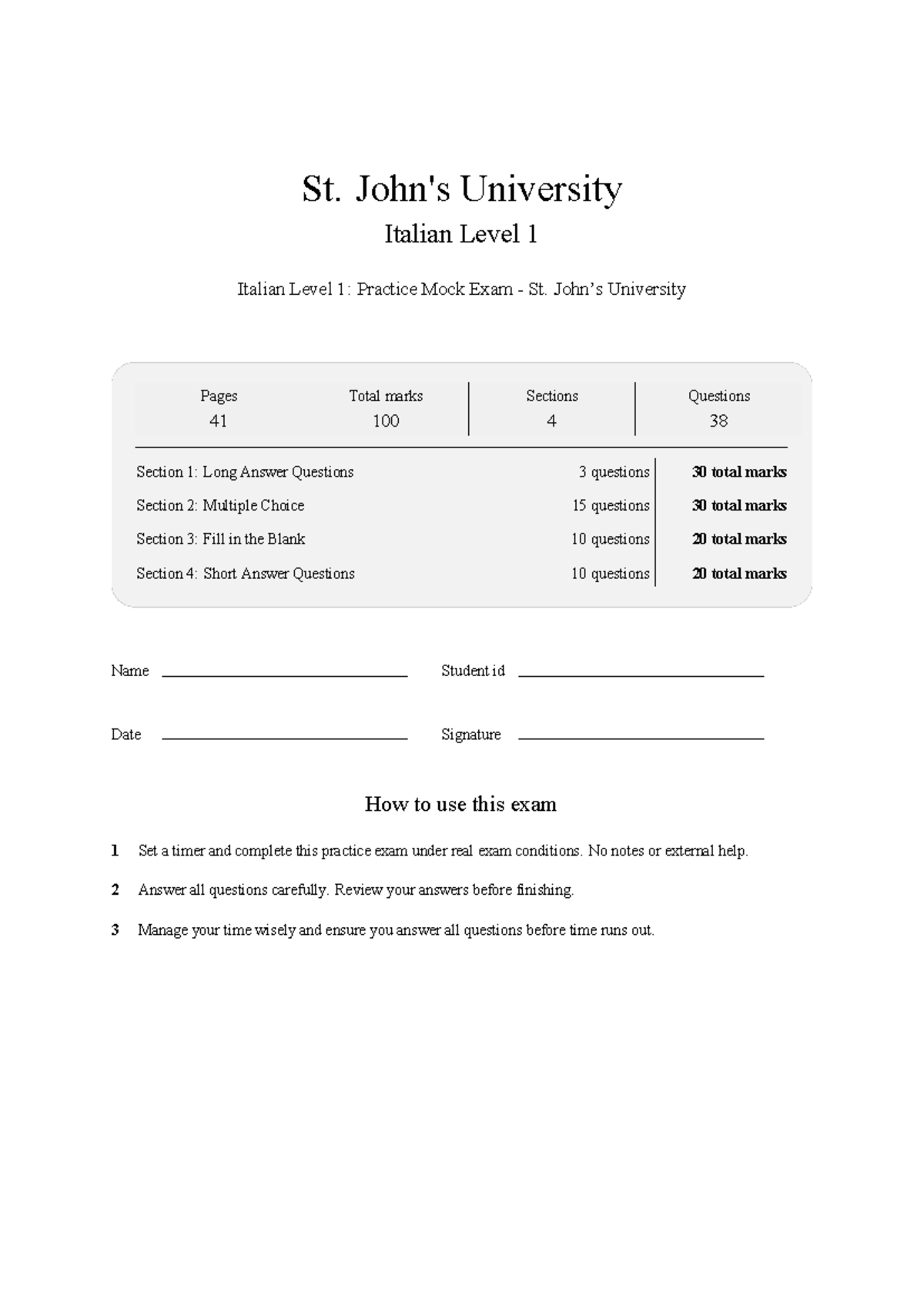 ITA 1010C Italian Level 1: Practice Mock Exam Notes 2026 - Studocu