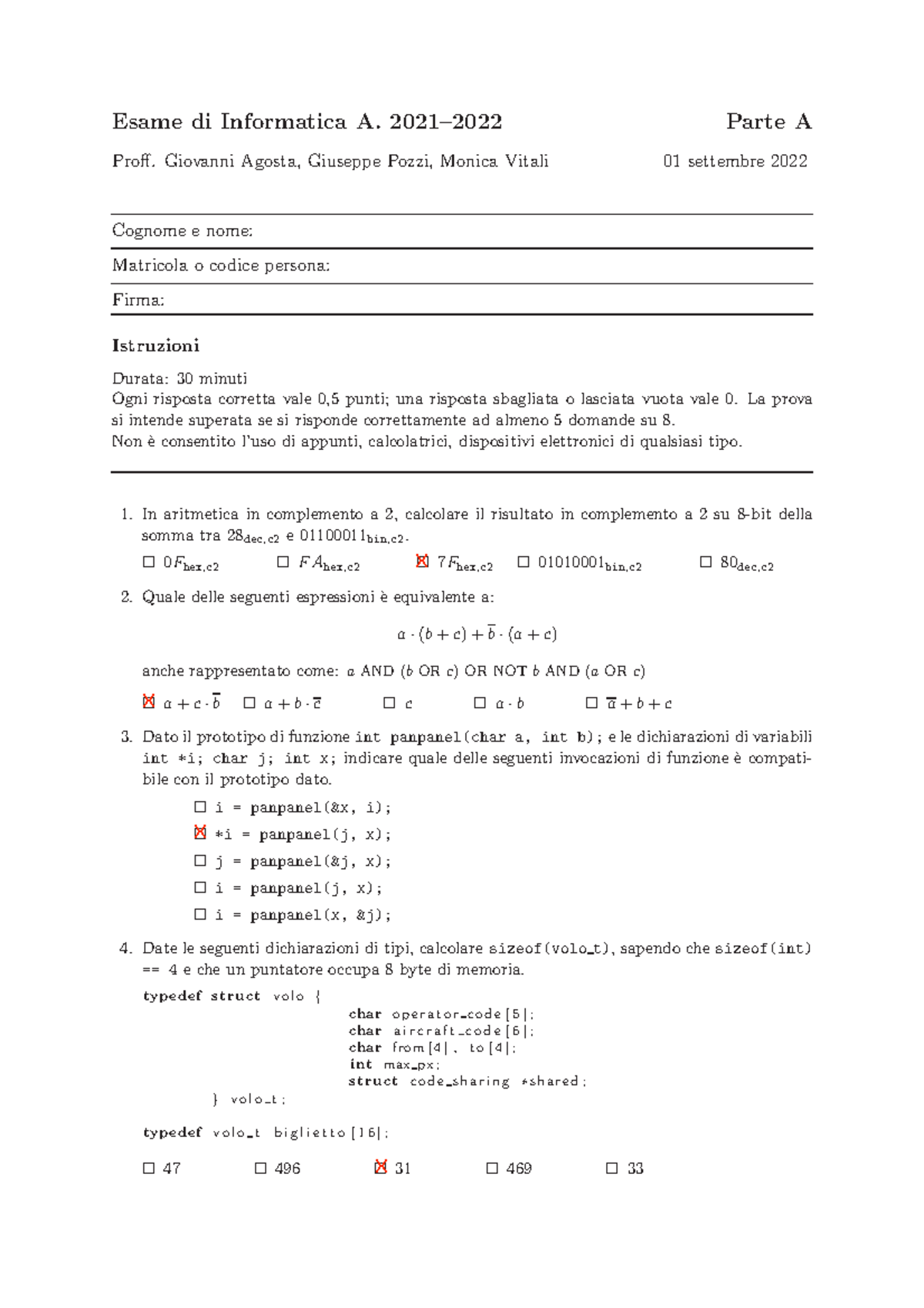 Crocette Info A - Esame di Informatica A. 2021–2022 Parte A Proff ...