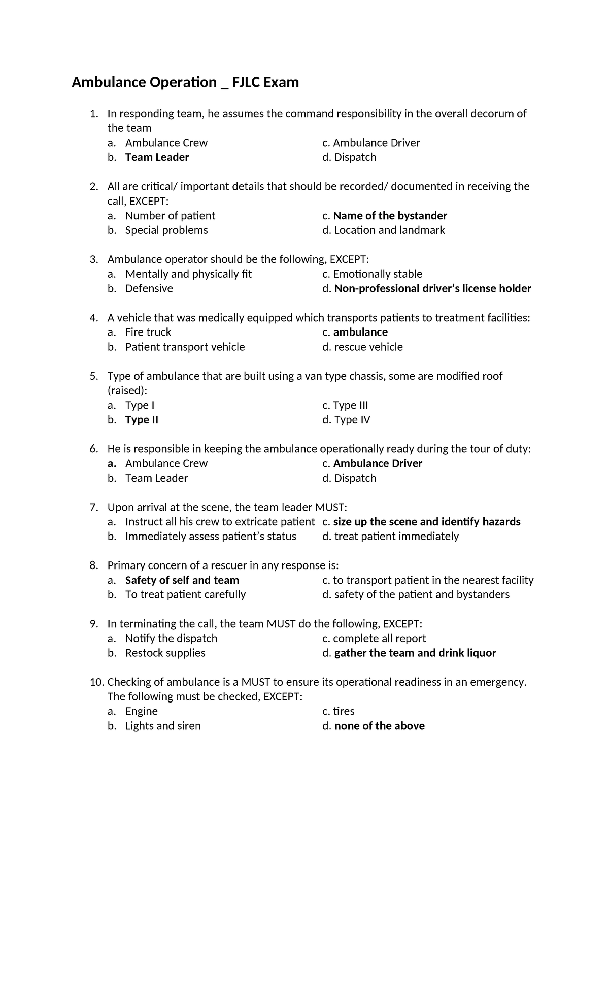 FJLC Ambulance Operation Final Exam Review Notes - Studocu
