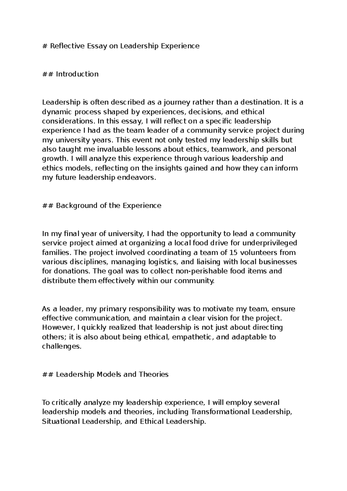 Reflective Essay on Leadership Experience in Community Service Project ...