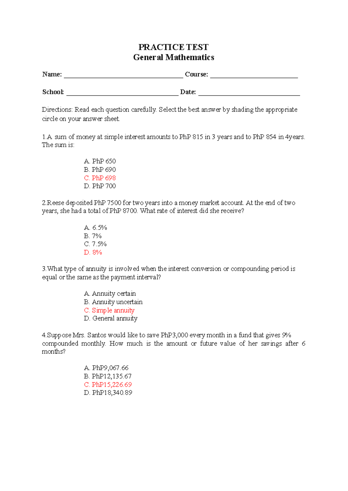 Key answer 4 - Practice TEST General Mathematics - PRACTICE TEST ...