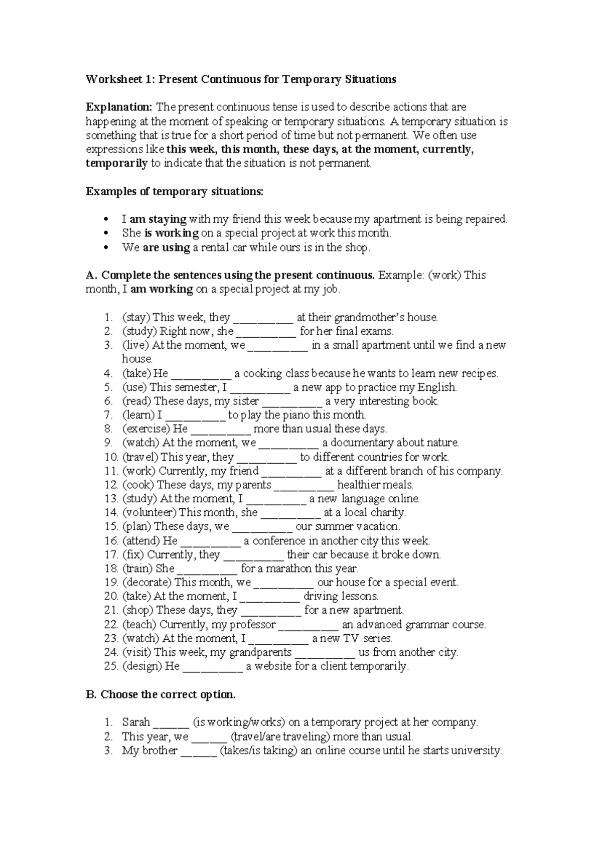 Worksheet 1: Present Continuous Tense for Temp. Situations - Studocu