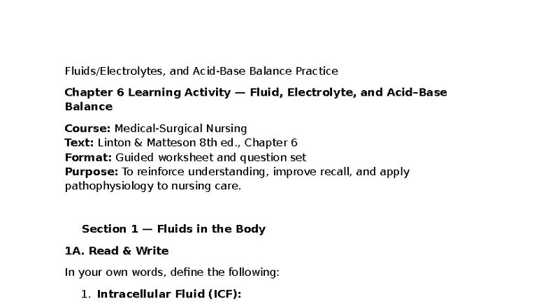 Fluids, Electrolytes, and Acid-Base Balance Practice: Nursing Course ...