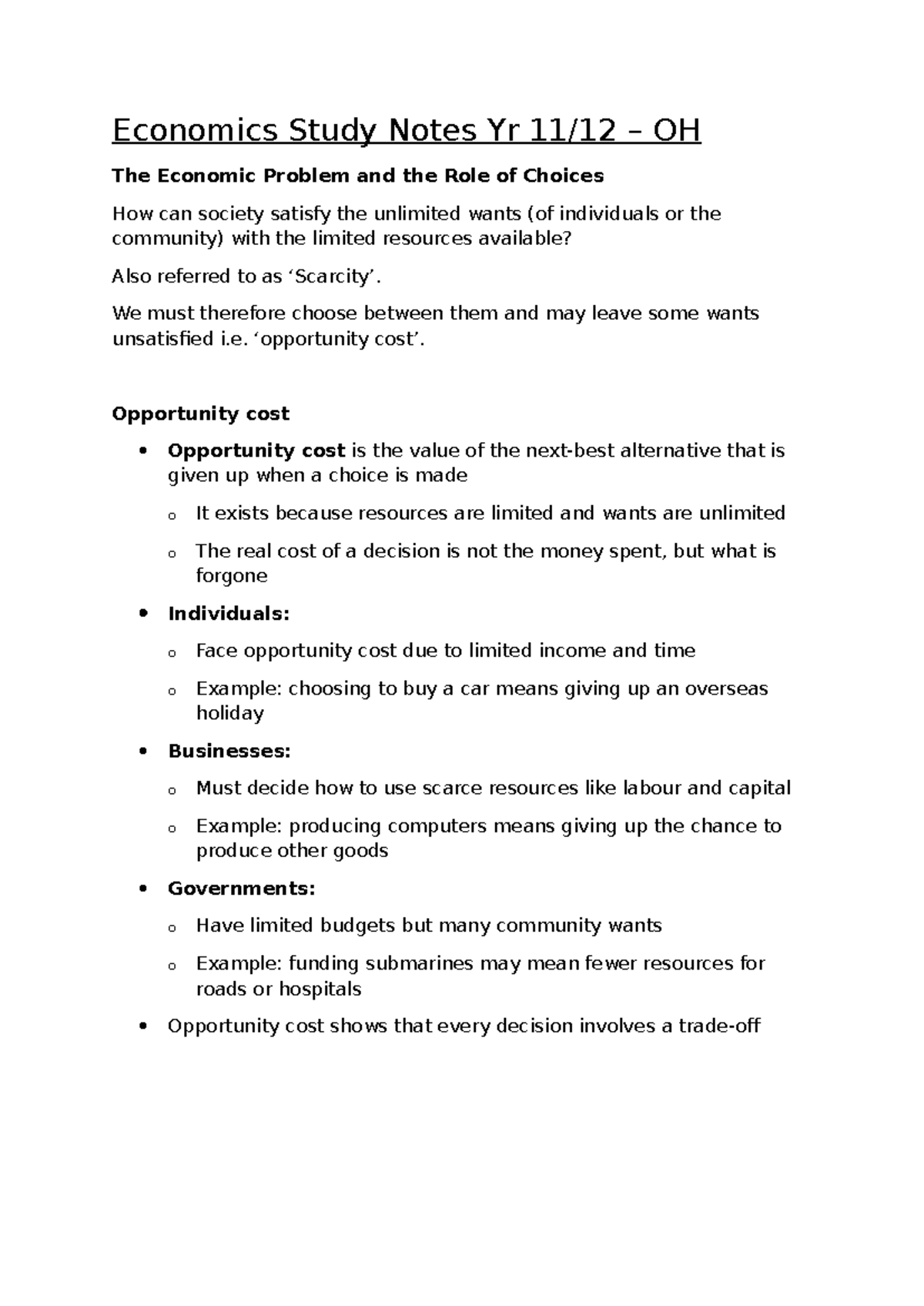 Economics Study Notes Yr 11 Term 1 – The Economic Problem & Choices ...
