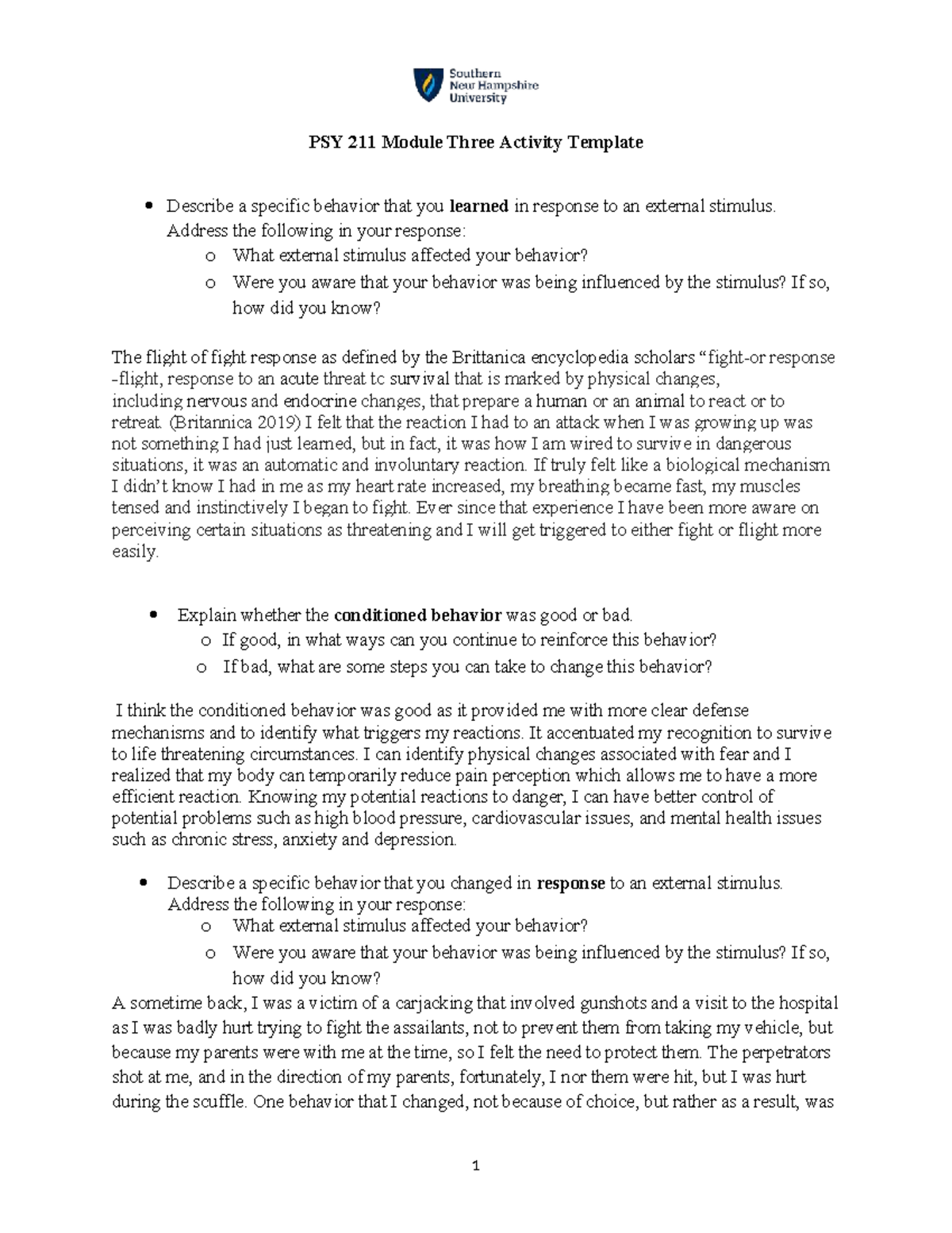 PSY 211 Module 3 Activity: Behavioral Responses to External Stimuli ...