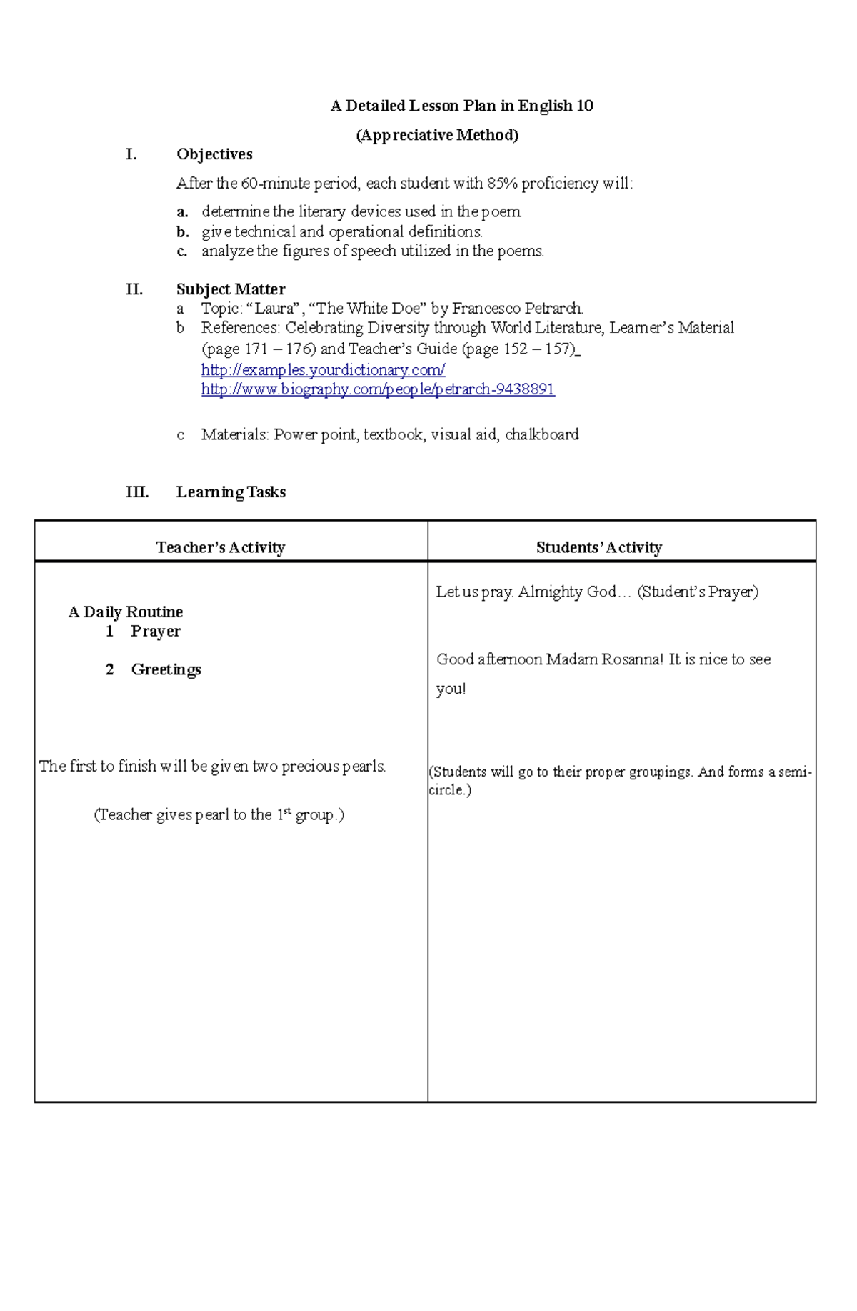 Detailed Lesson Plan: English 10 - Appreciative Method (BSED-E 1-1 ...