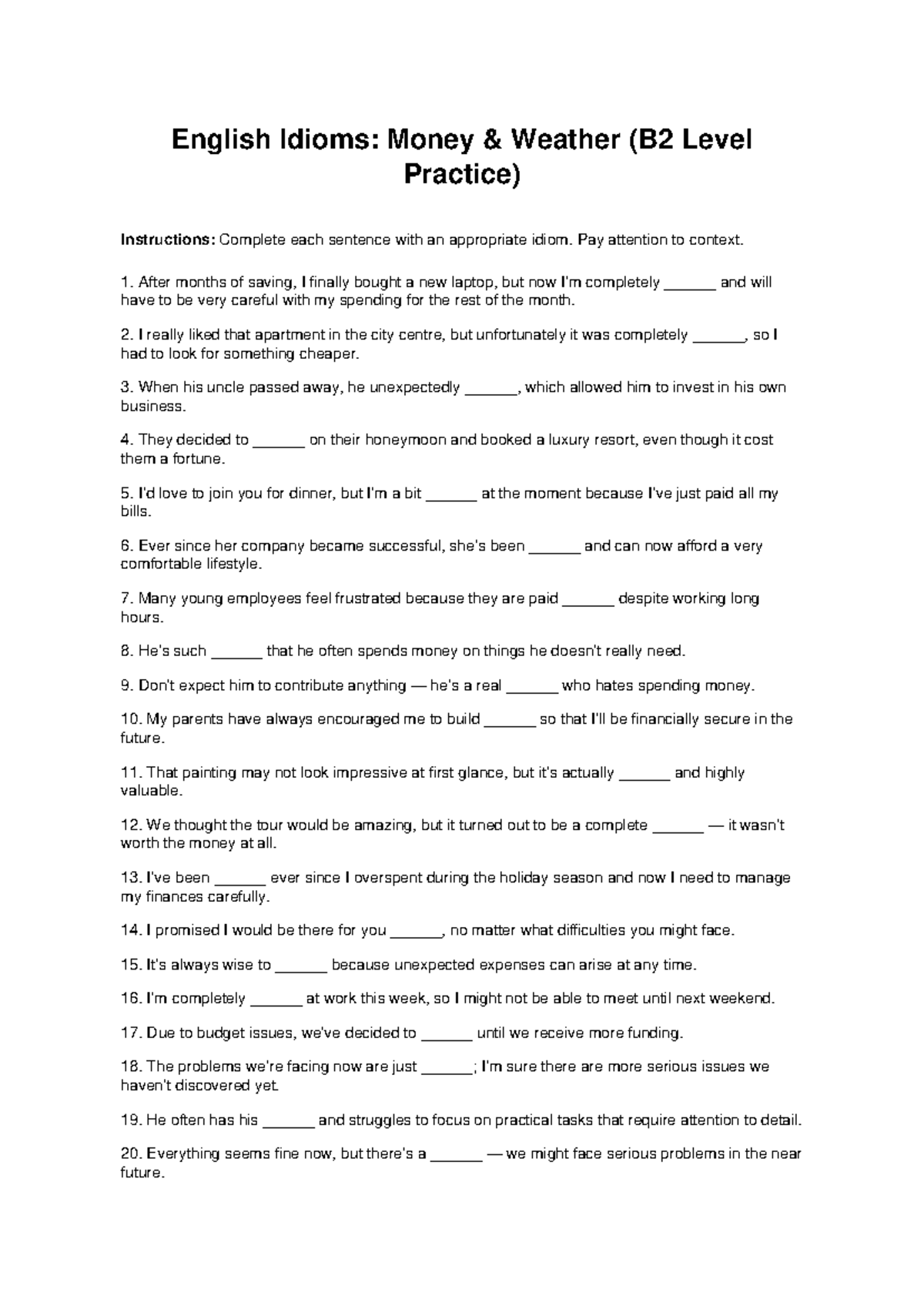 B2 Level English Idioms Practice: Money & Weather Exercise - Studocu