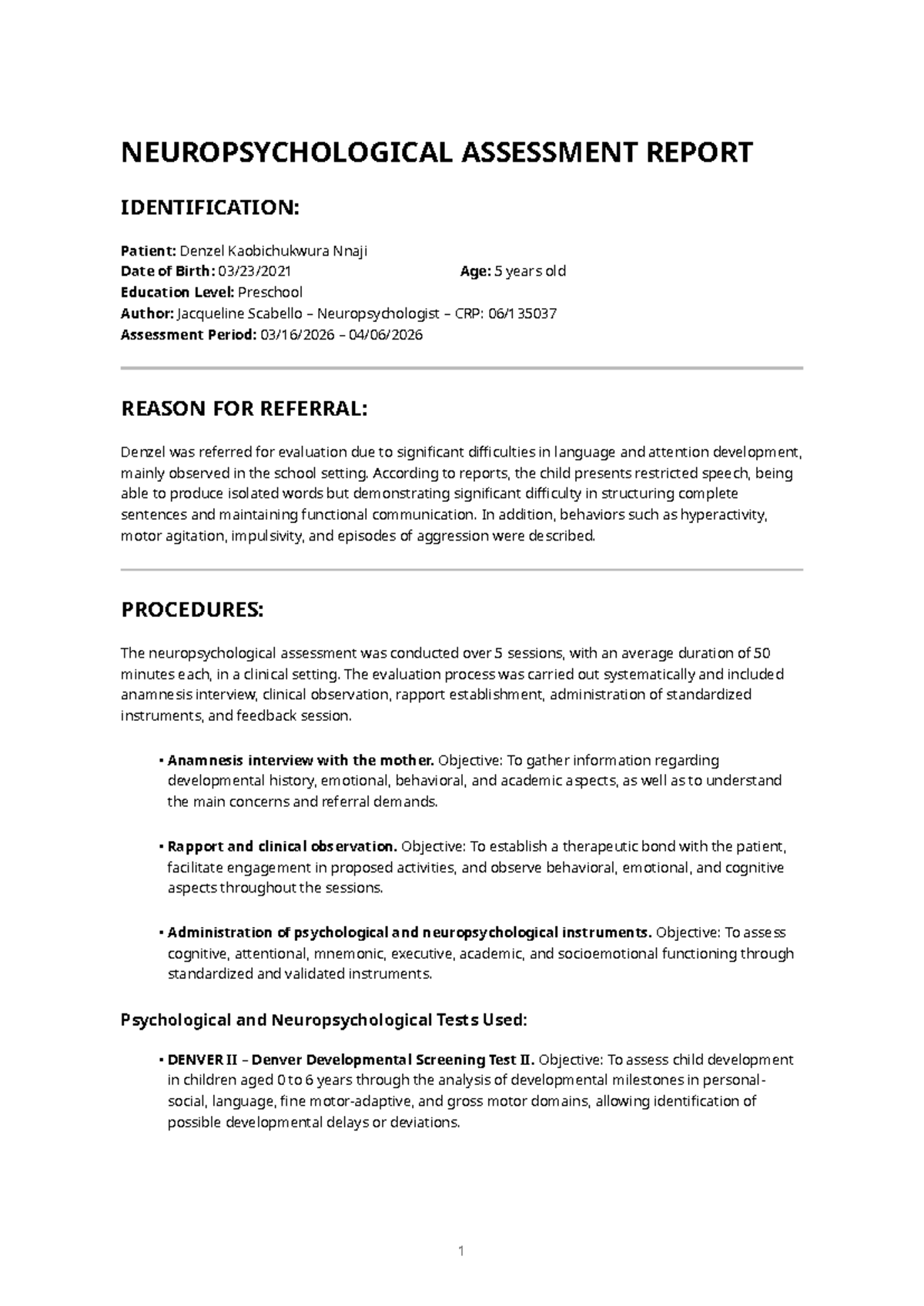 NEUROPSYCHOLOGICAL ASSESSMENT REPORT: Denzel Nnaji (Preschool) - Studocu