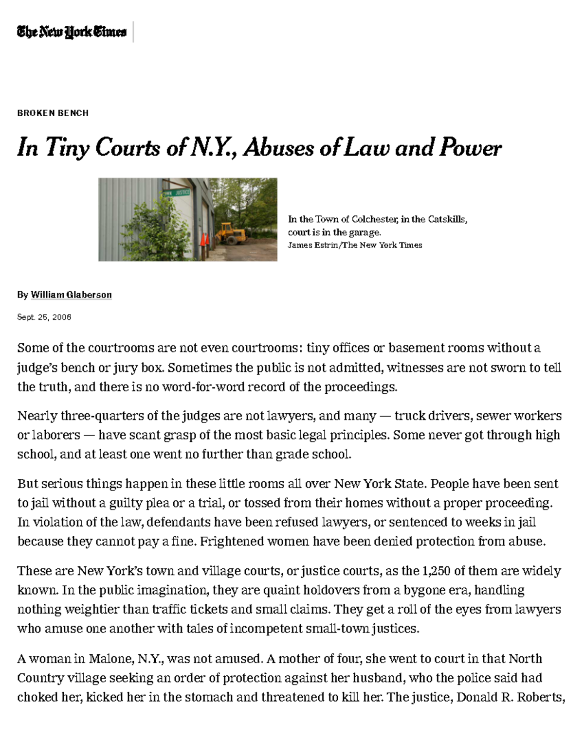 Intro to Law - New York Times Article on Justice Courts - BROKEN BENCH ...