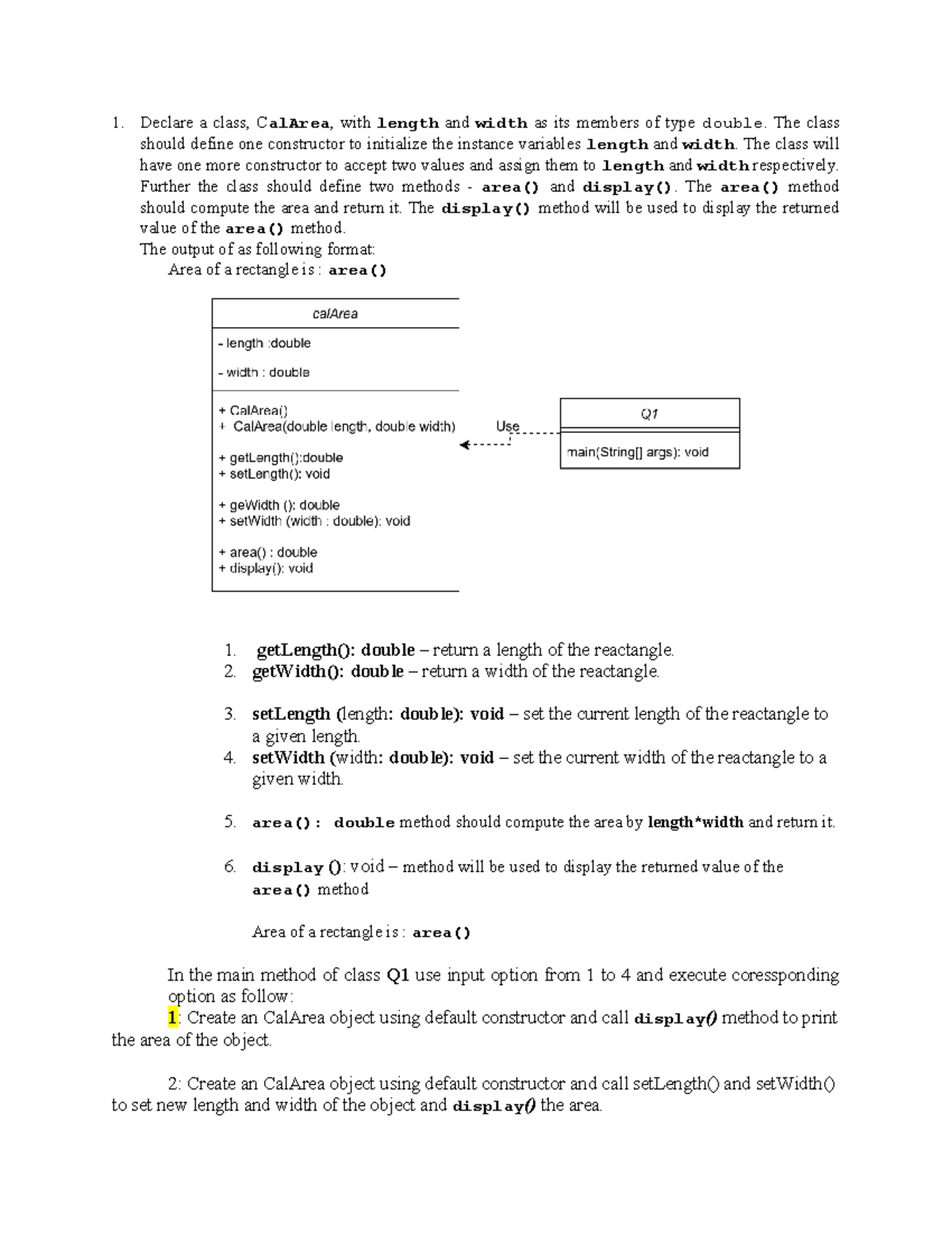 Java OOP: Class CalArea for Rectangle Area Calculation - Studocu