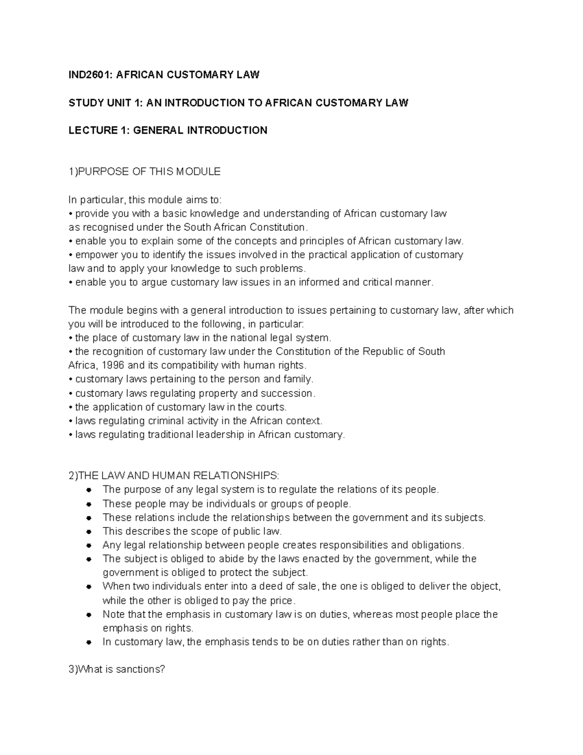 IND2601 - Summary of African Customary Law Principles and Concepts ...