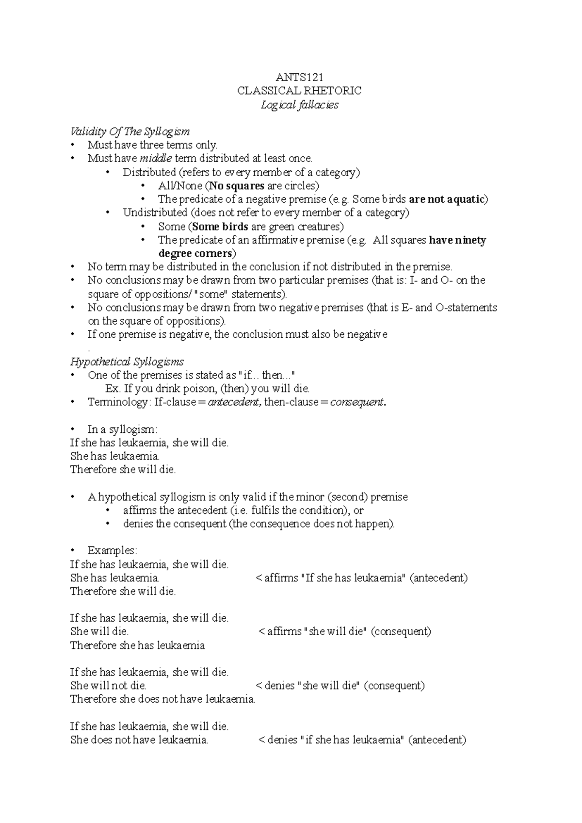 ANTS121 CLASSICAL RHETORIC: Logical Fallacies & Syllogisms - Studocu