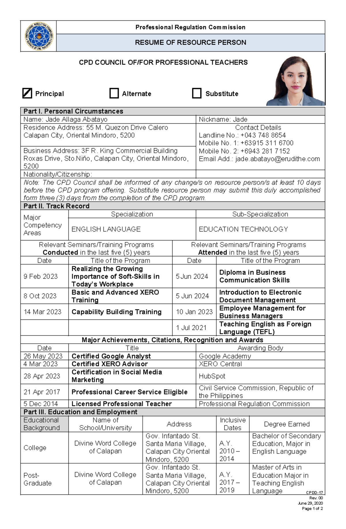 CPDD-17-1 - Resume Template for Resource Person in Education - Studocu