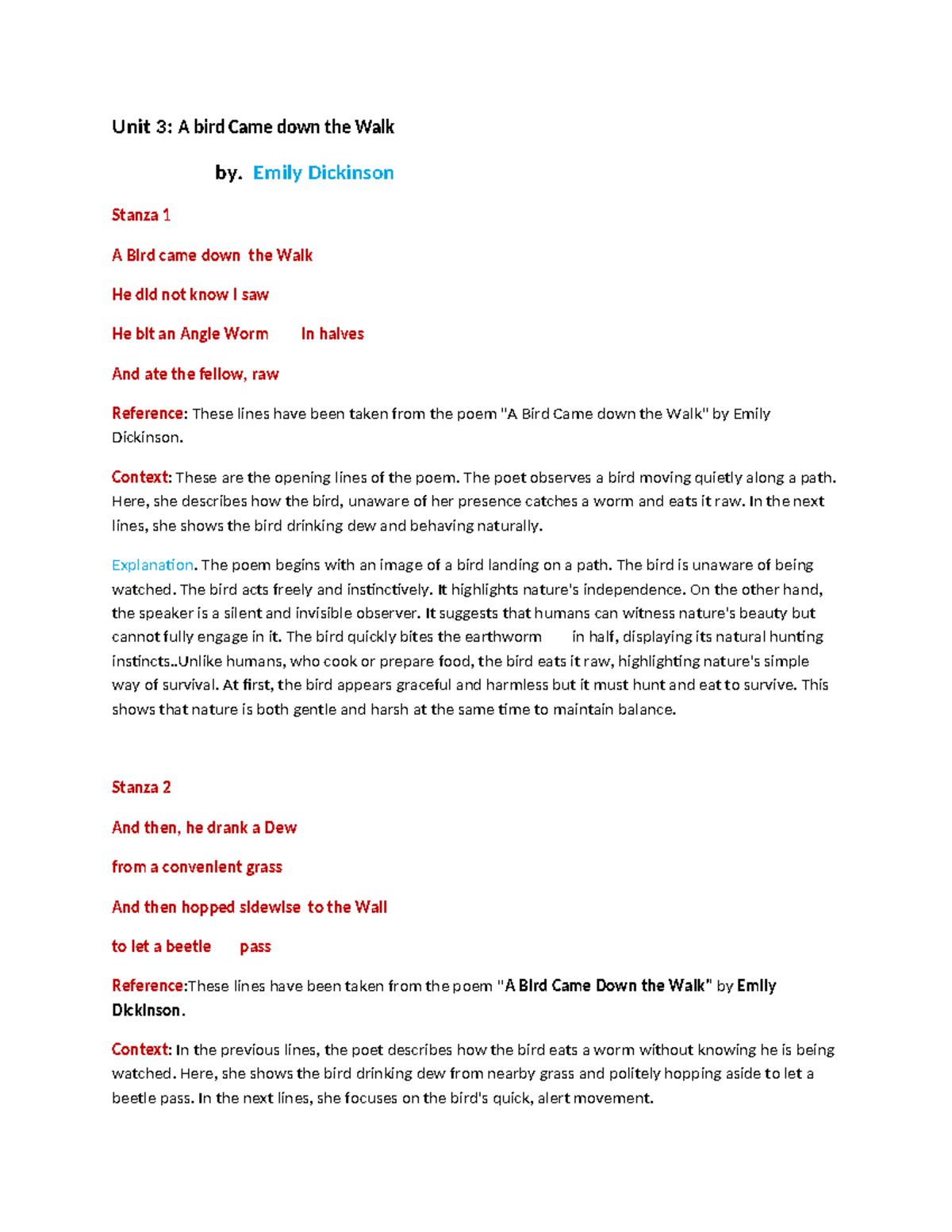 Unit 3: Analysis of "A Bird Came Down the Walk" (1st Year English ...