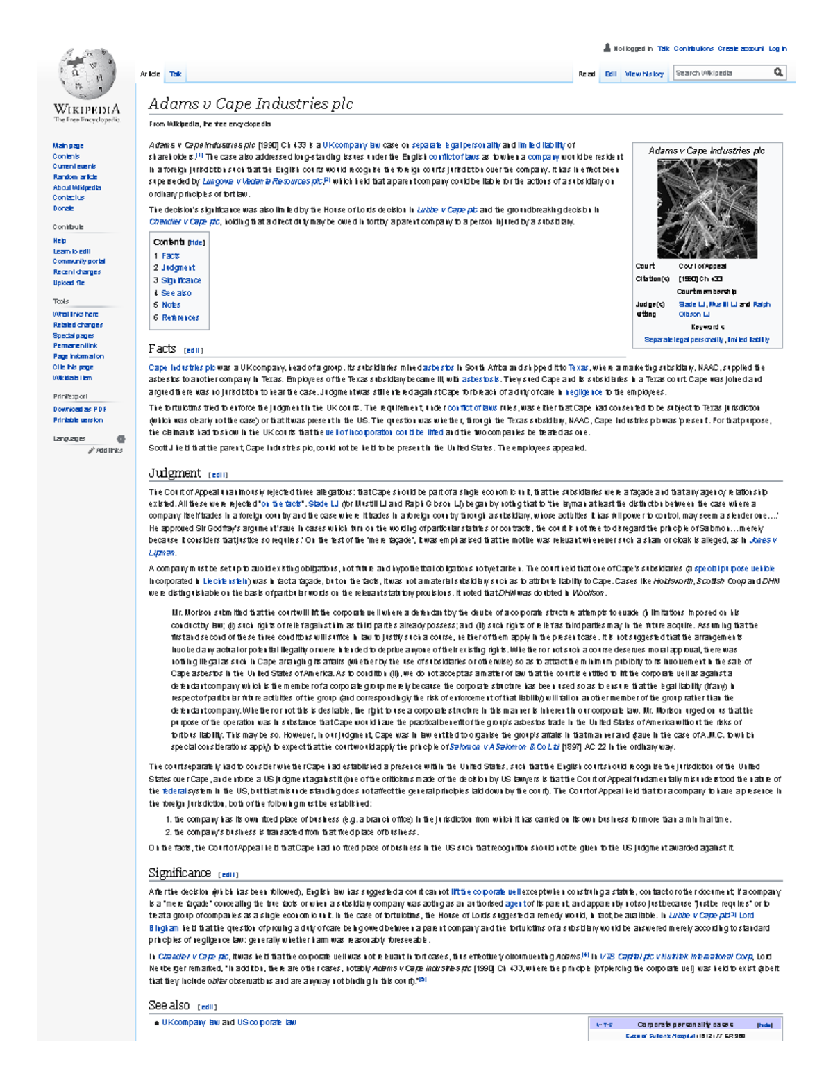 Adams v Cape Industries plc - Analysis of Case Law [1990] Ch 433 - Studocu