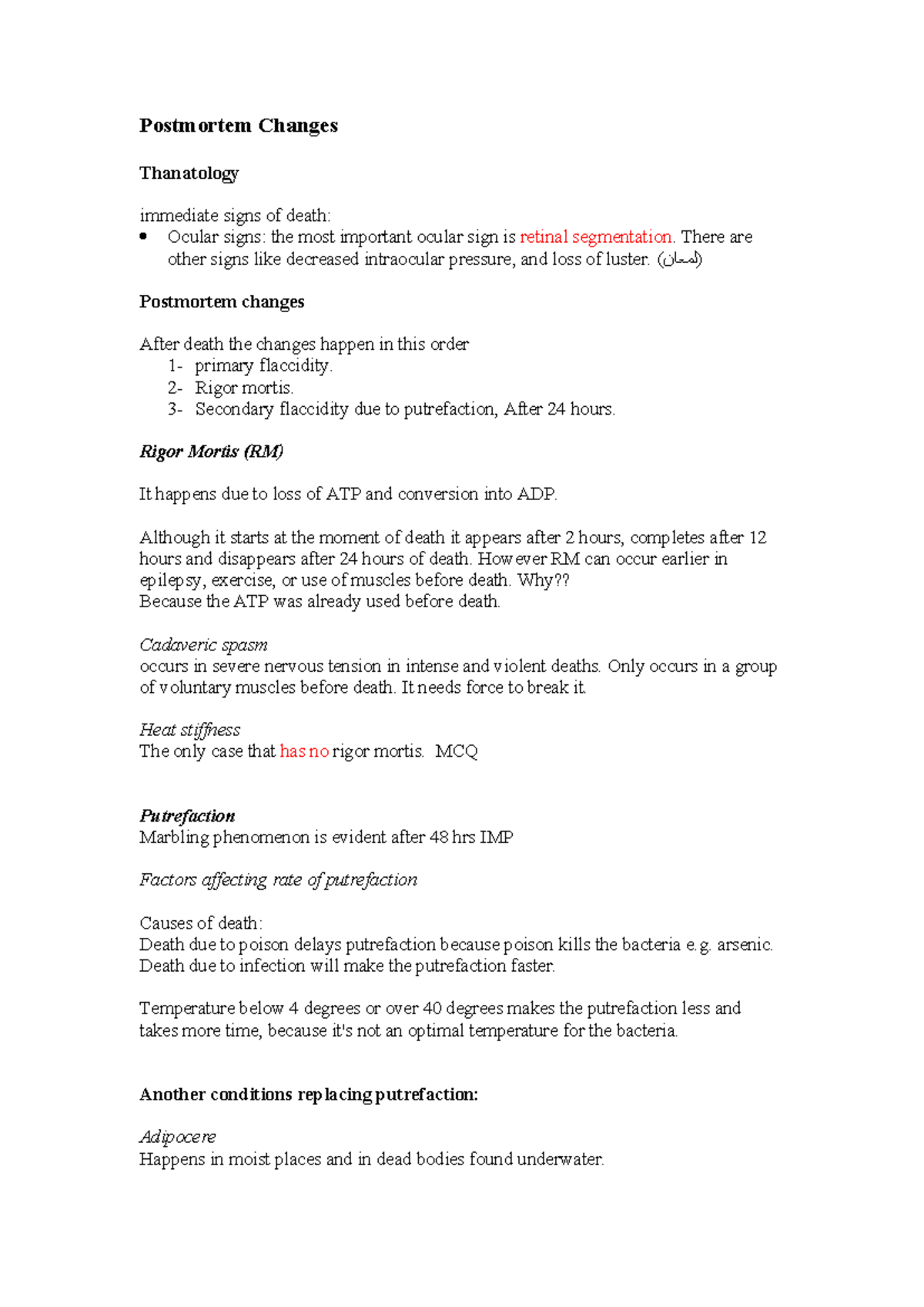 03. Postmortem Changes in Thanatology: Key Signs & Rigor Mortis - Studocu