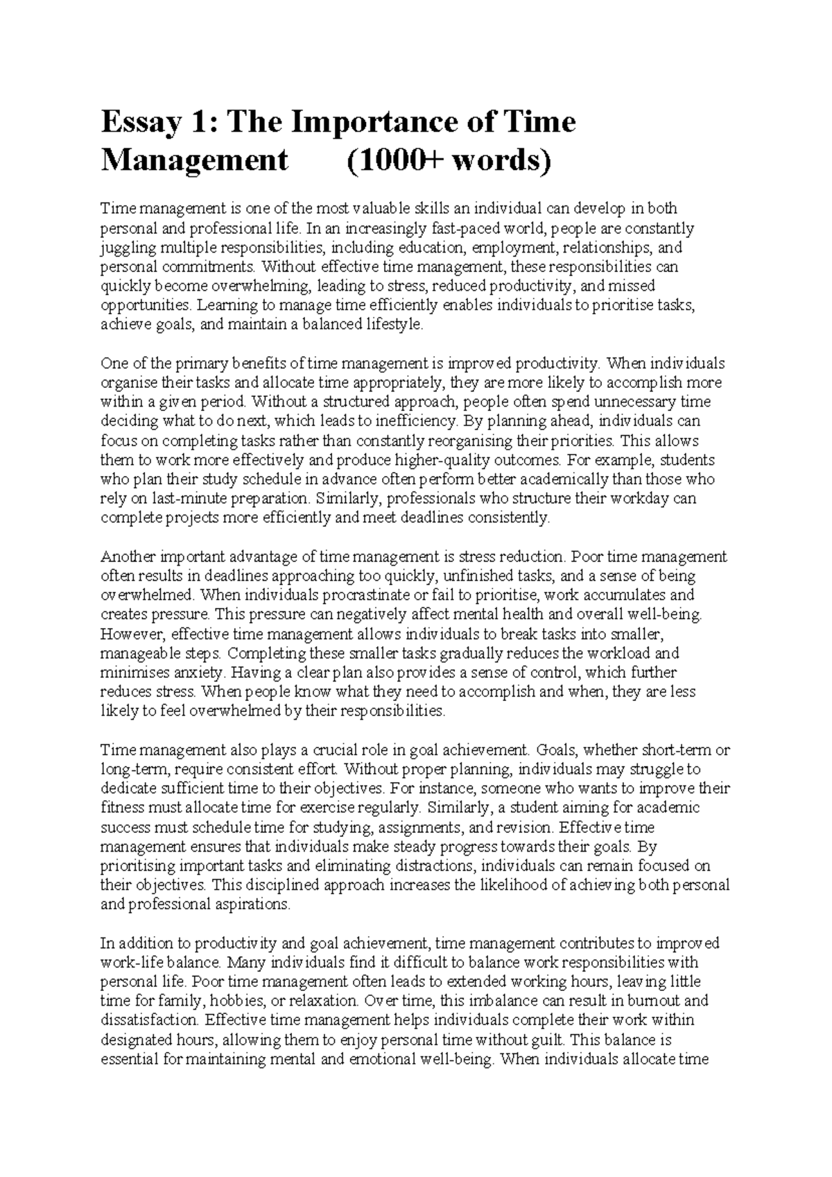 Essay 1: The Significance of Time Management Skills - Studocu