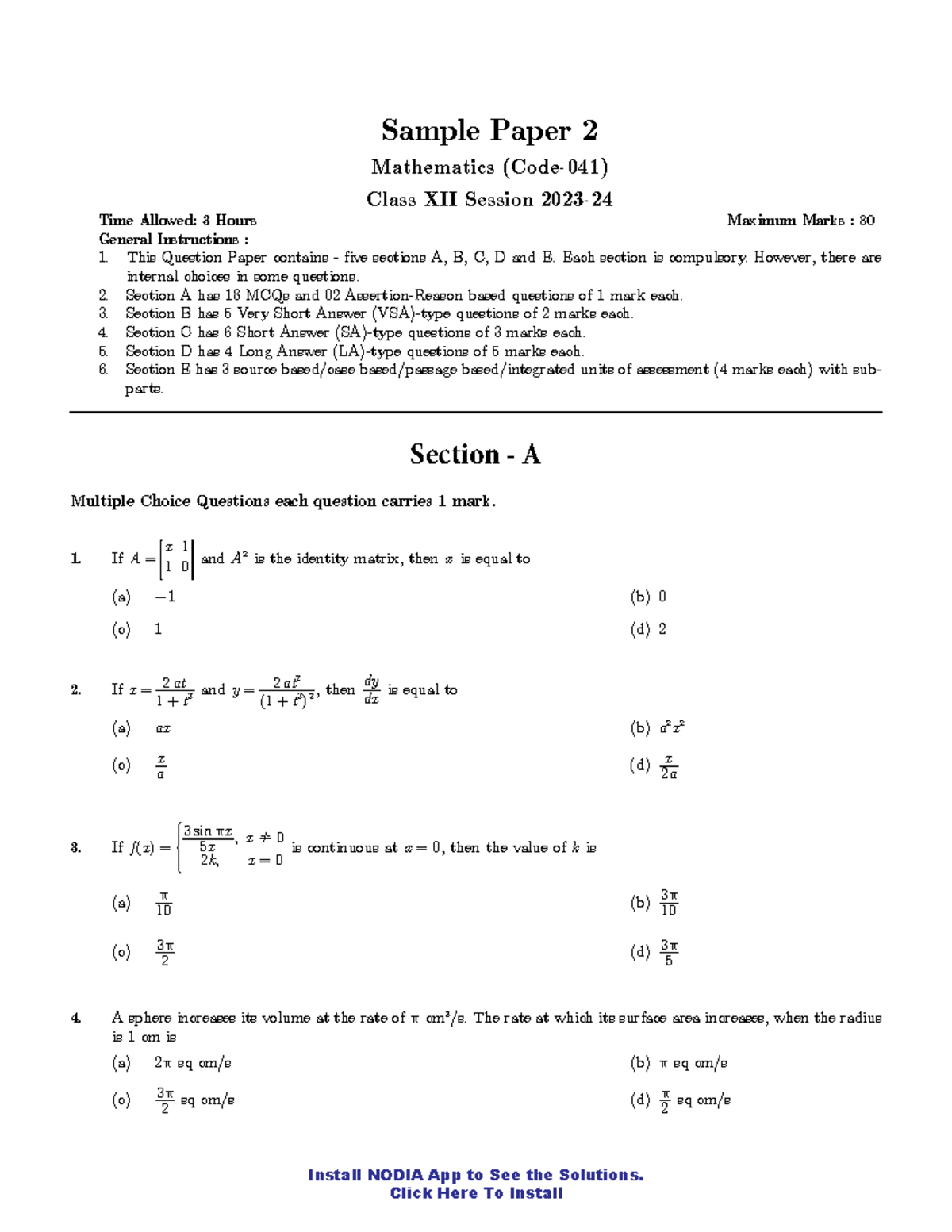 CBSE Class 12 Mathematics Sample Paper 2 - Question Set and Solutions ...
