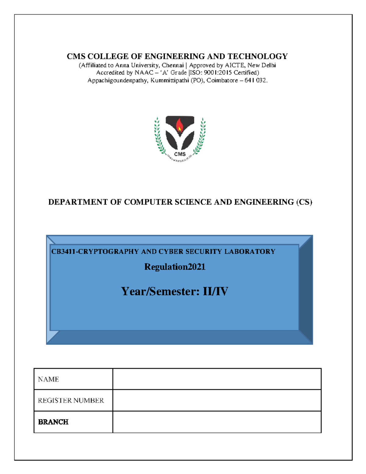 CB3411 - Cryptography and Cyber Security Lab Manual - Studocu