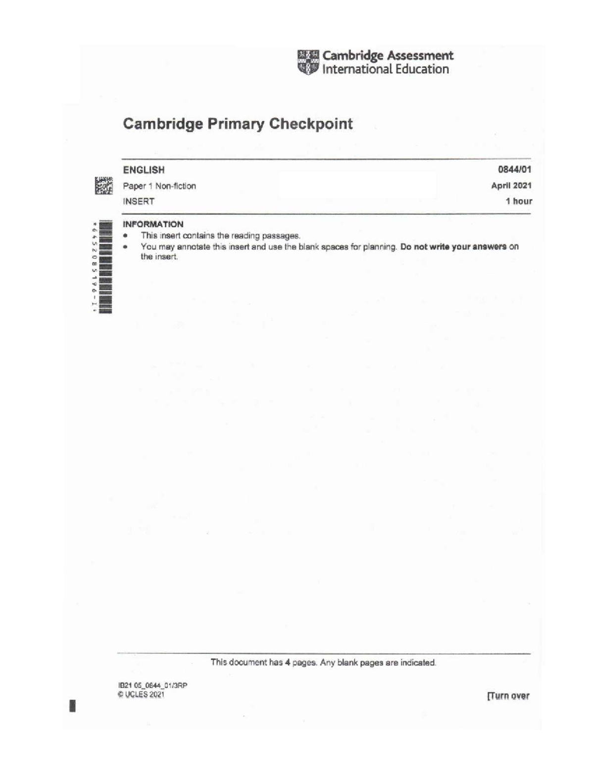 Cambridge Primary Checkpoint English 0844 April 2021 Paper 1 Insert ...