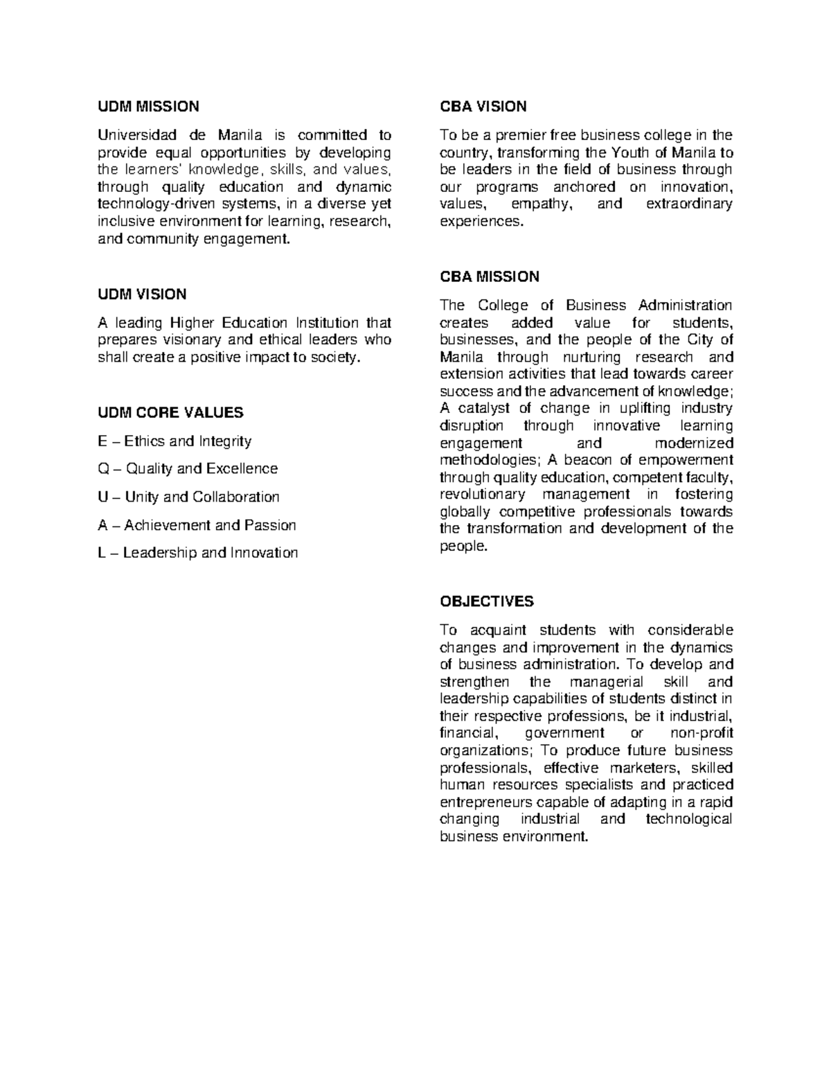 UDM Mission, Vision, and Core Values Overview (CBA Focus) - Studocu