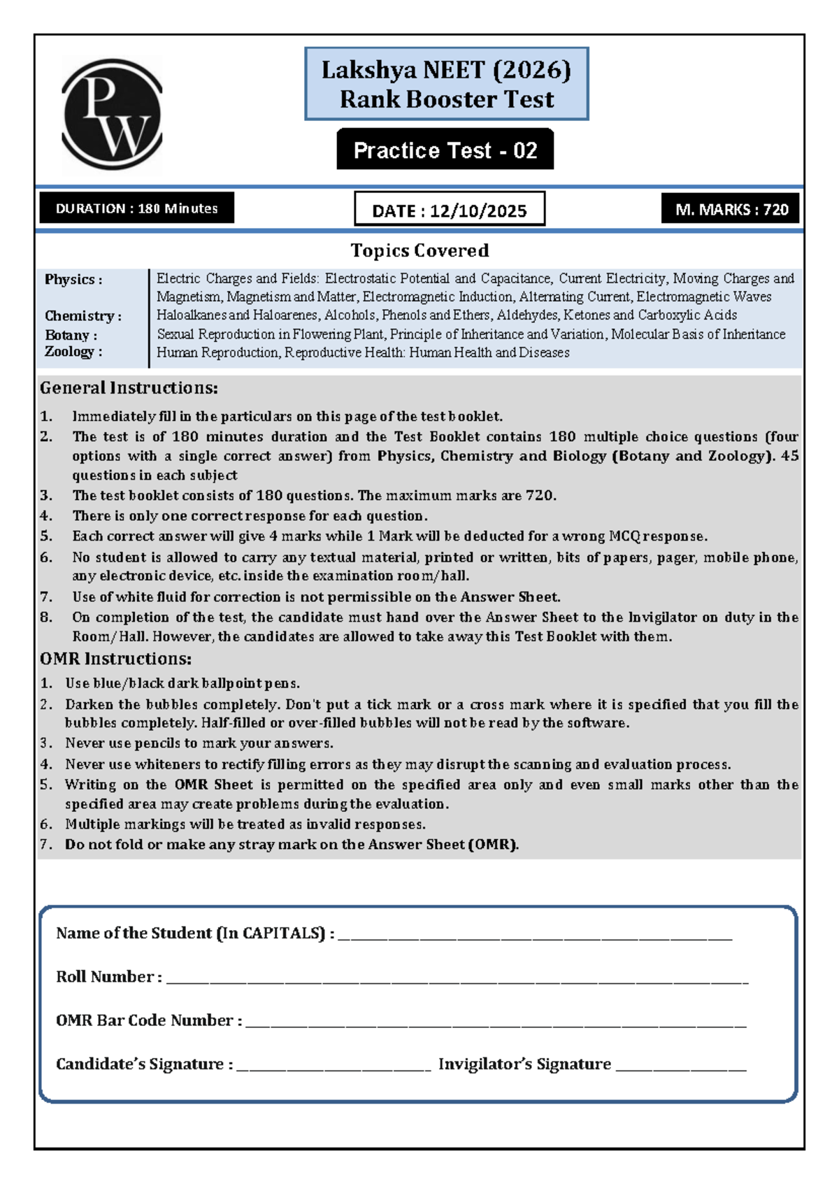 Lakshya NEET (2026) Rank Booster Test 02 - Practice Paper - Studocu