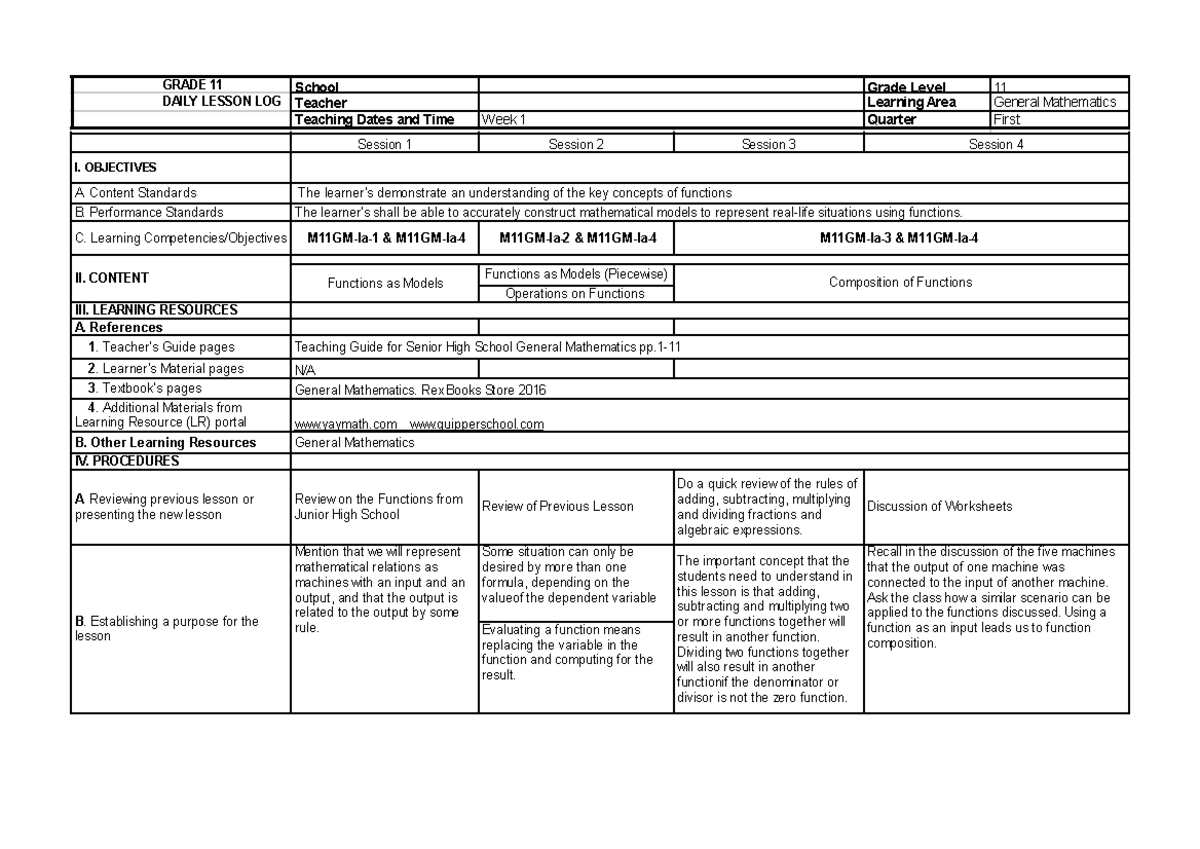 General Mathematics Daily Lesson Log for SHS - Q1, Week 01 - Studocu