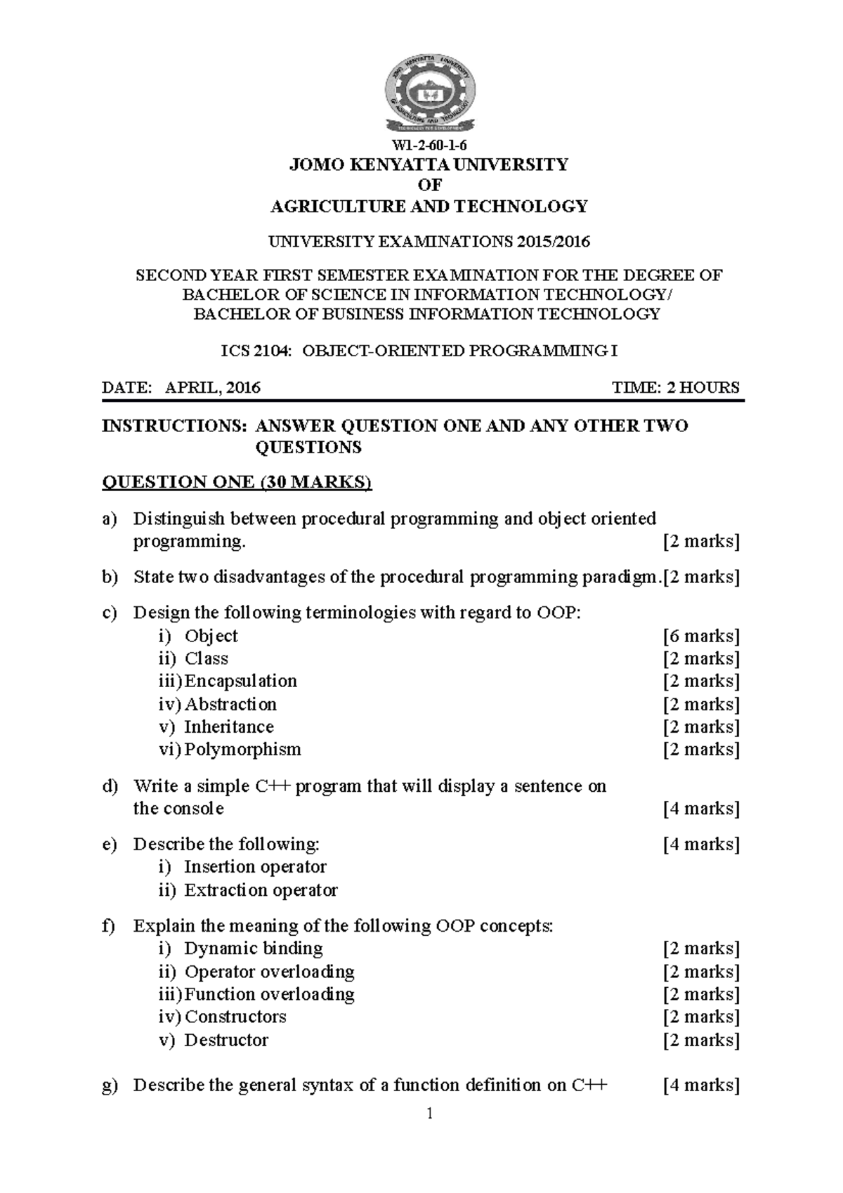 ICS 2104 Final Exam Review: Object Oriented Programming I - Studocu