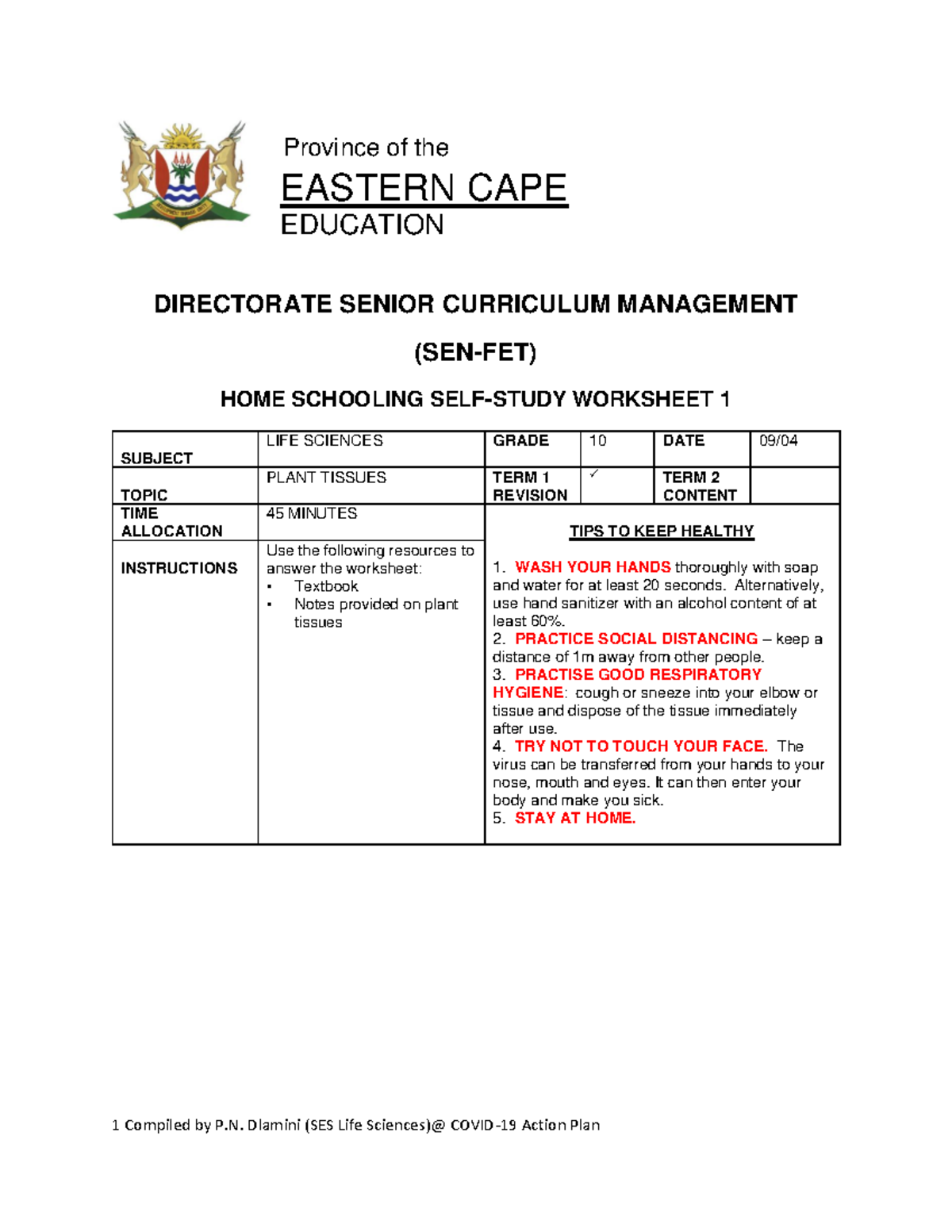 Life Sciences G10 Worksheet 1: Exploring Plant Tissues - Studocu
