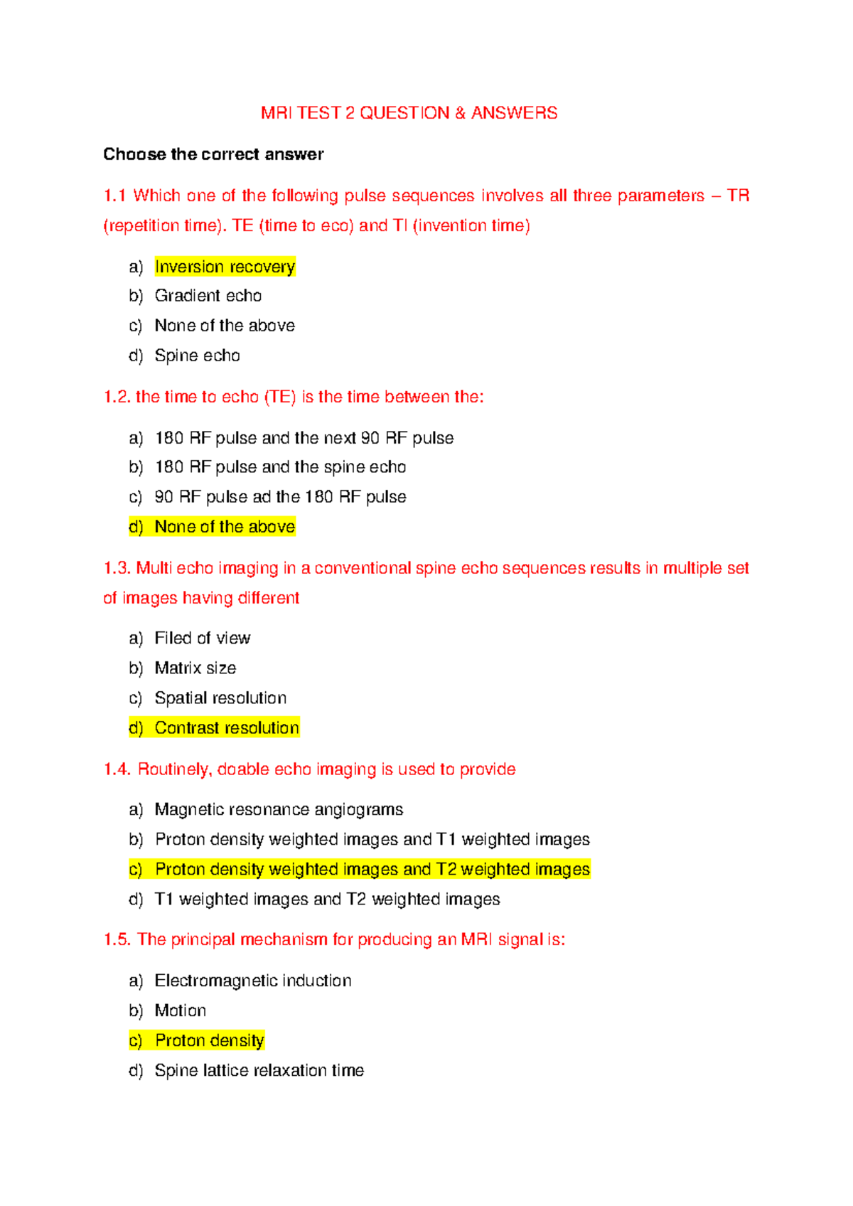 DIE MRI TEST 2 - Diagnostic Imaging Equipment Practice Test Answers ...