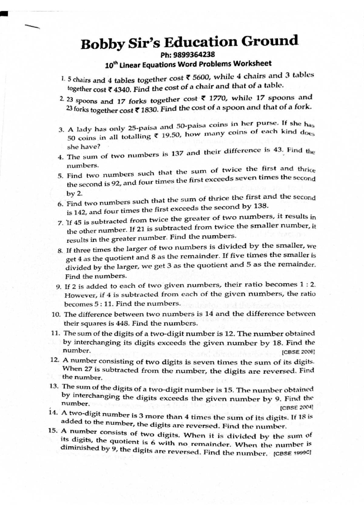 10th Grade Linear Equations Worksheet 4: Word Problems Solutions (2023) - Studocu