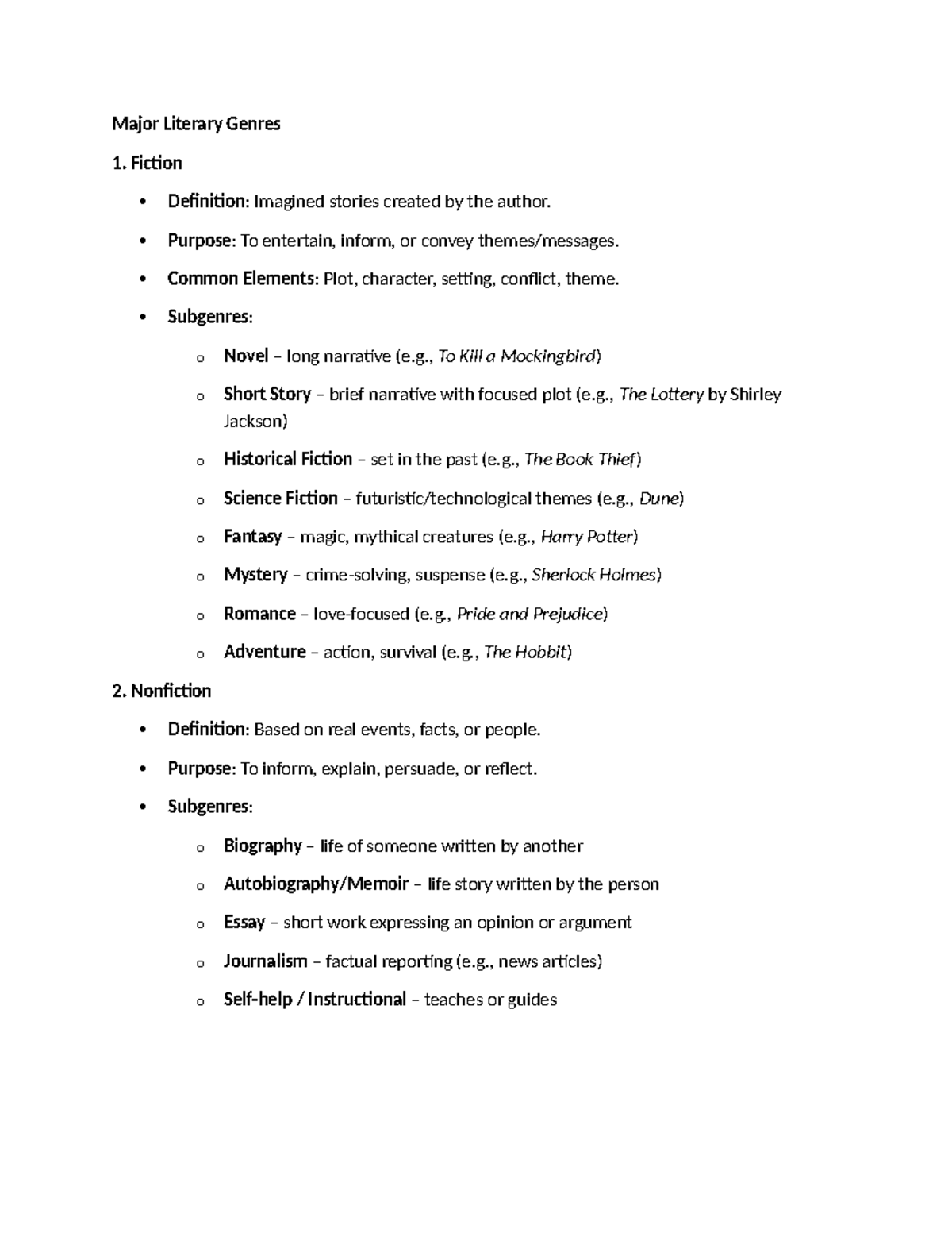 Major Literary Genres - Study Guide for Literature 101 - Studocu
