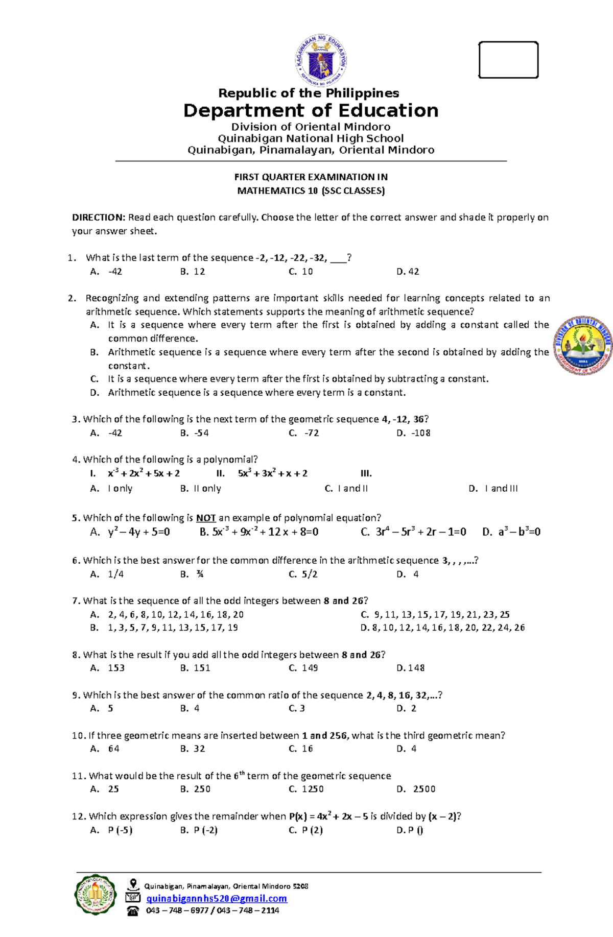 SSC First Periodical Test in Math 10 SY(23-24) - Republic of the ...