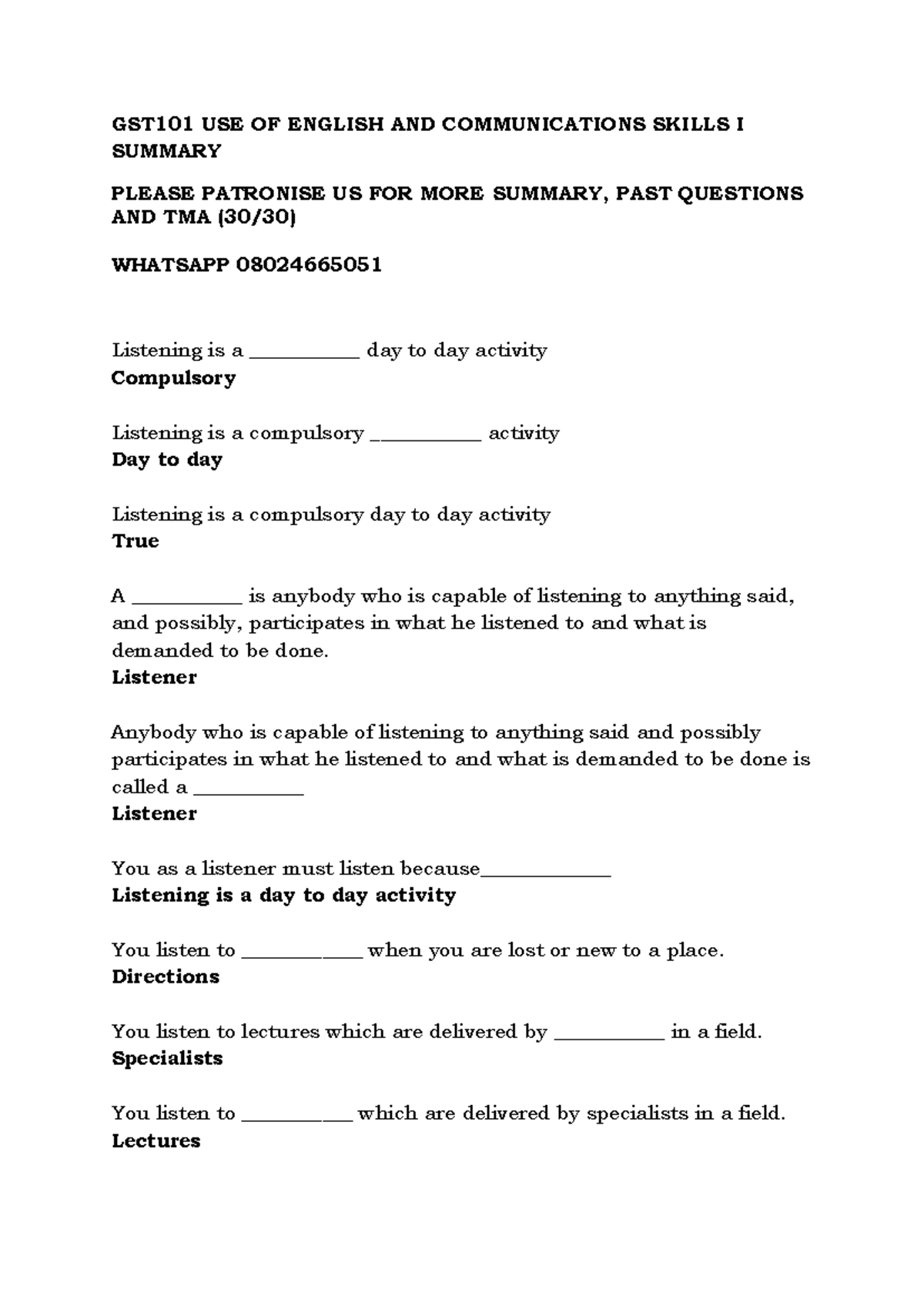 GST101 USE OF English AND Communications Skills I Summary - GST101 USE ...