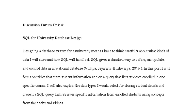 Discussion Forum Unit 4: SQL for University Database Design - Studocu