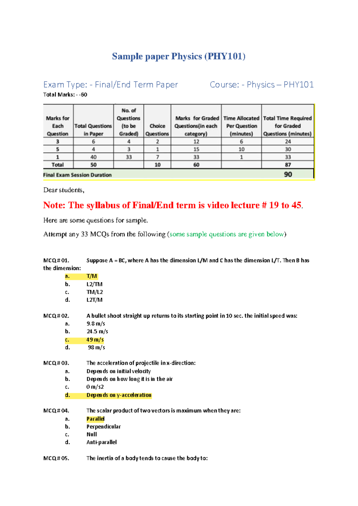 Final Exam Sample Paper for Physics (PHY101) with MCQs and Descriptive Questions - Studocu
