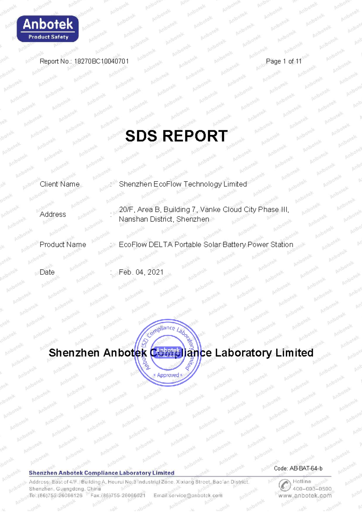 EcoFlow DELTA Portable Solar Battery SDS Report No. 18270BC10040701 ...