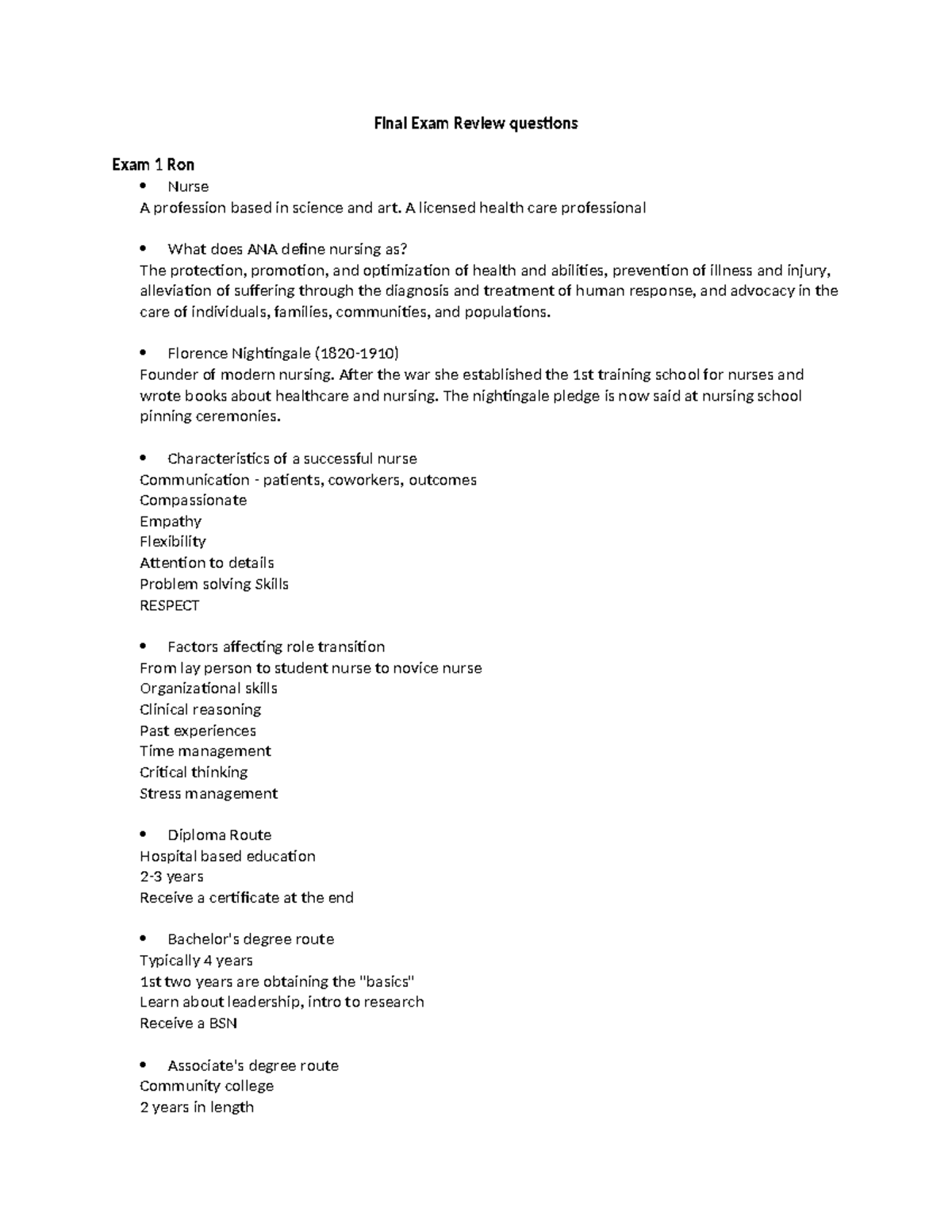 NUR 101 Final Exam Review: Key Concepts and Practice Questions - Studocu