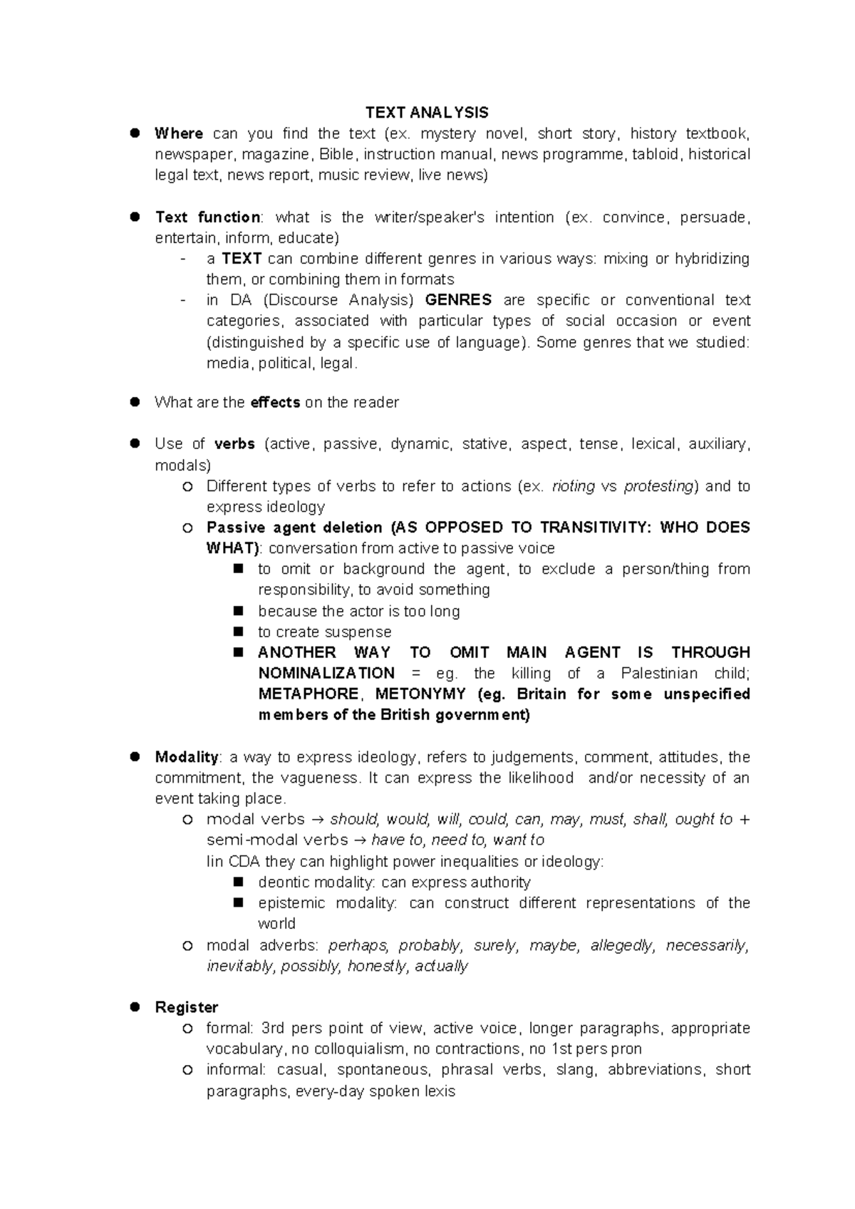 TEXT Analysis for Exam: Strumenti per Analisi Linguistica e CDA - Studocu