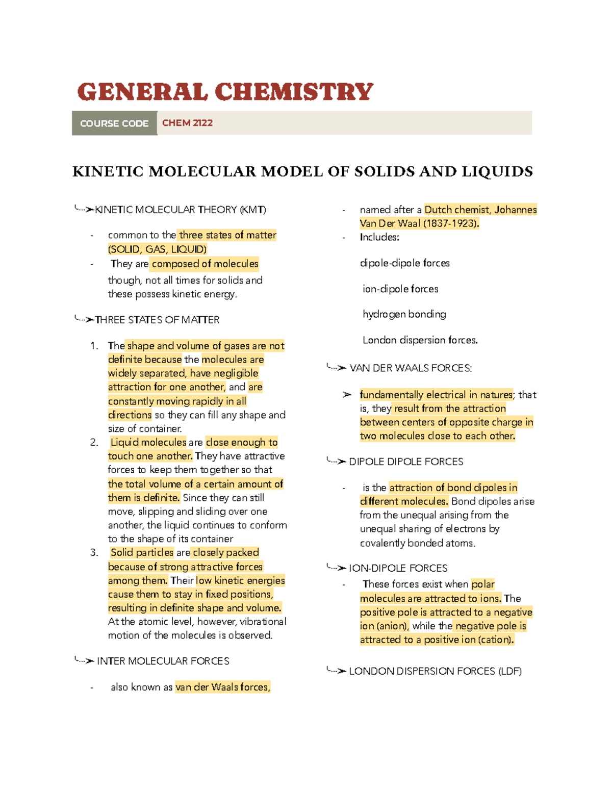 KMT and States of Matter: A GenChem 2122 Review Guide - Studocu